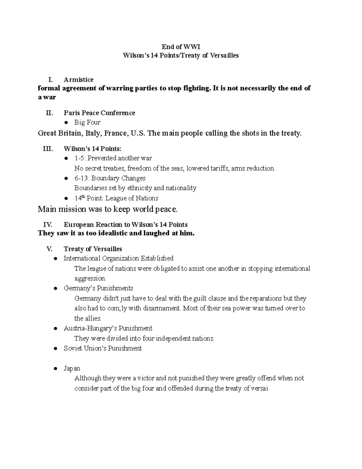 End of WWI - Student Outline - End of WWI Wilson’s 14 Points/Treaty of ...