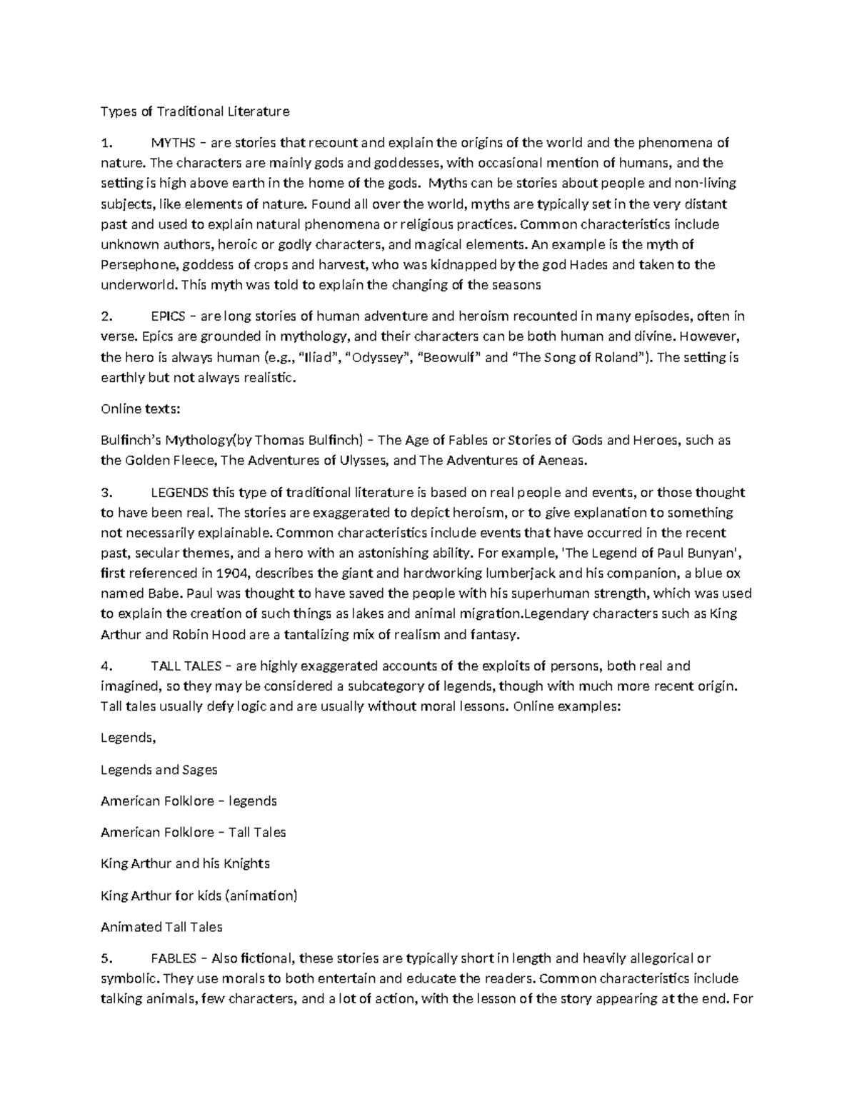 LIT - Summary of lesson - Types of Traditional Literature MYTHS – are ...