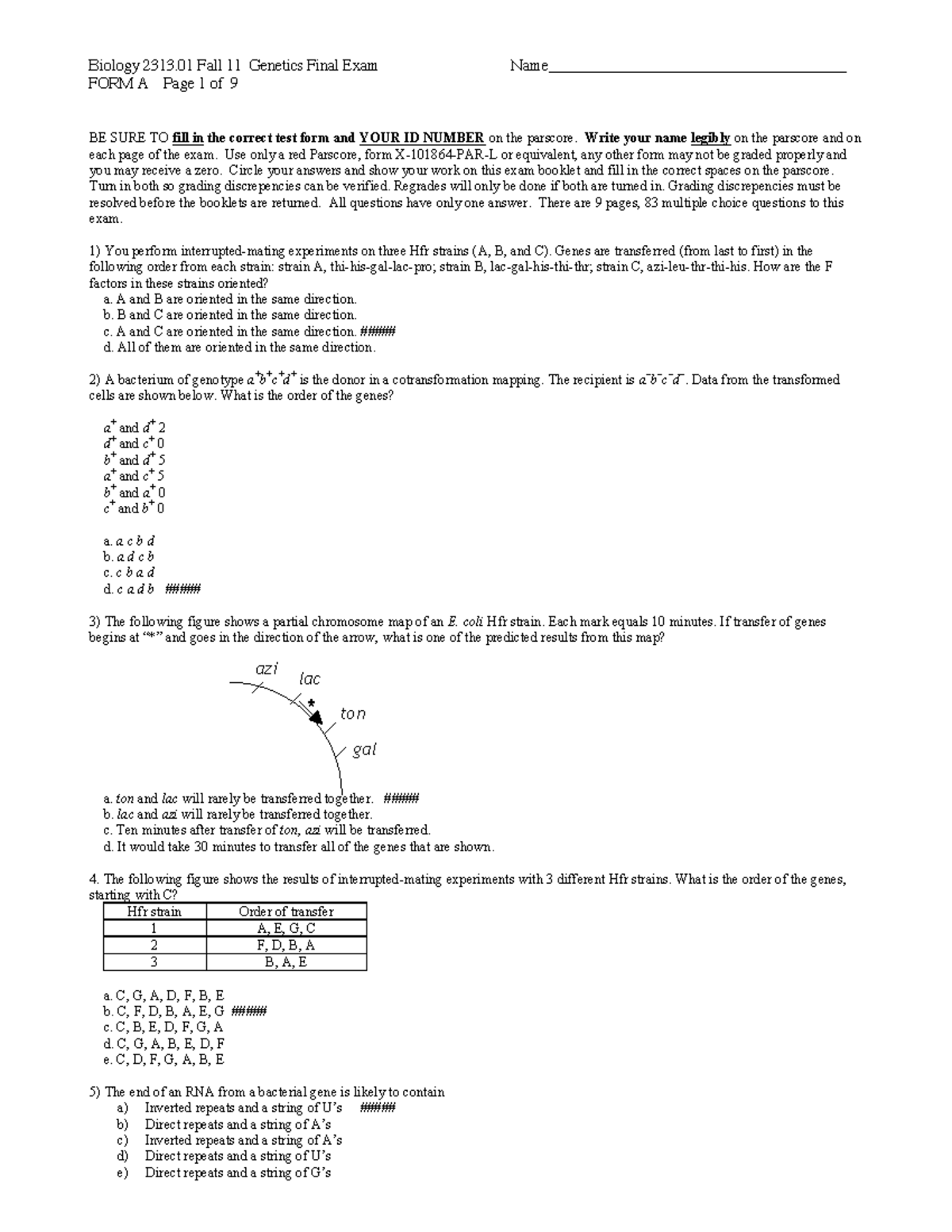 Practice Final Exam - FORM A Page 1 of 9 BE SURE TO fill in the correct ...