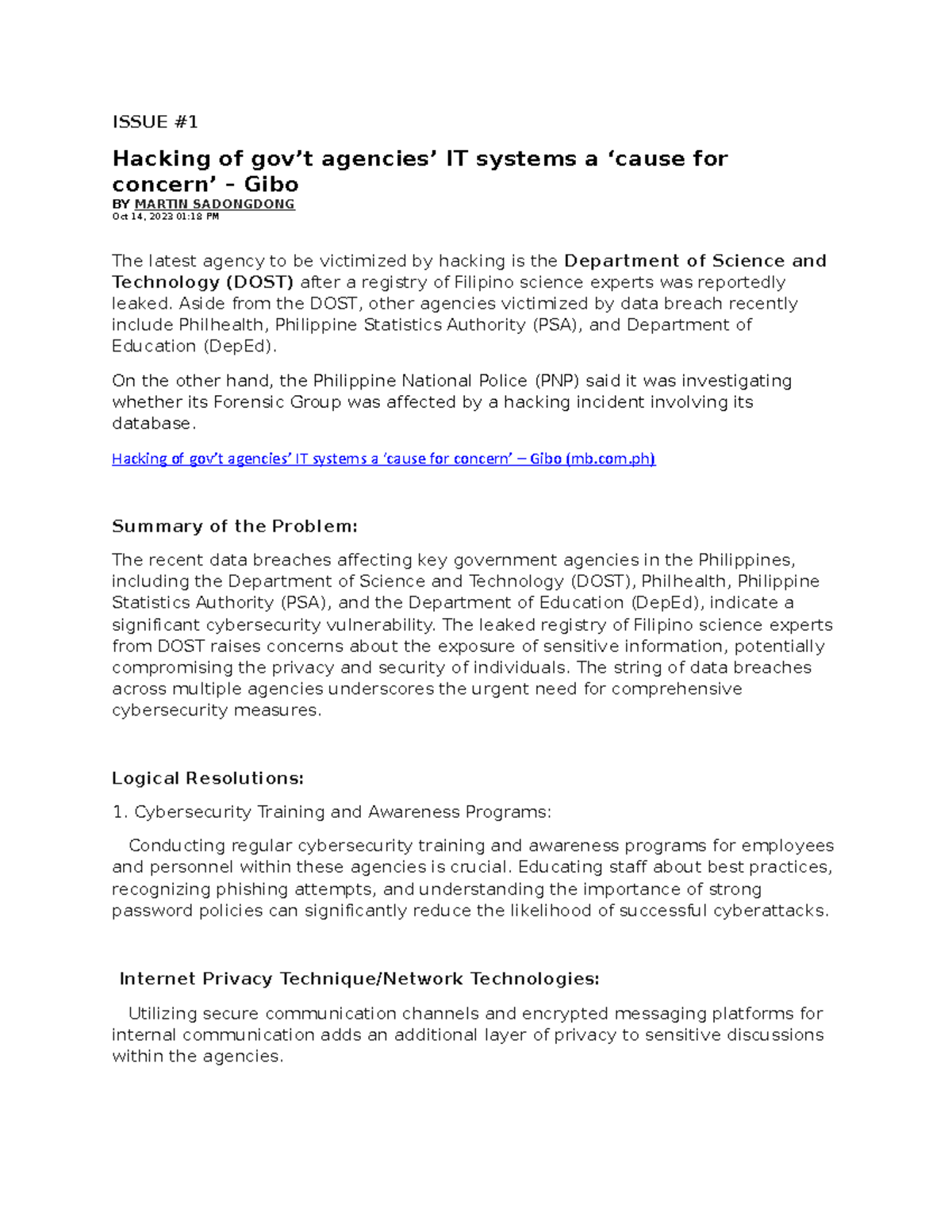 issue in terms of network and internet failure - ISSUE Hacking of gov’t ...