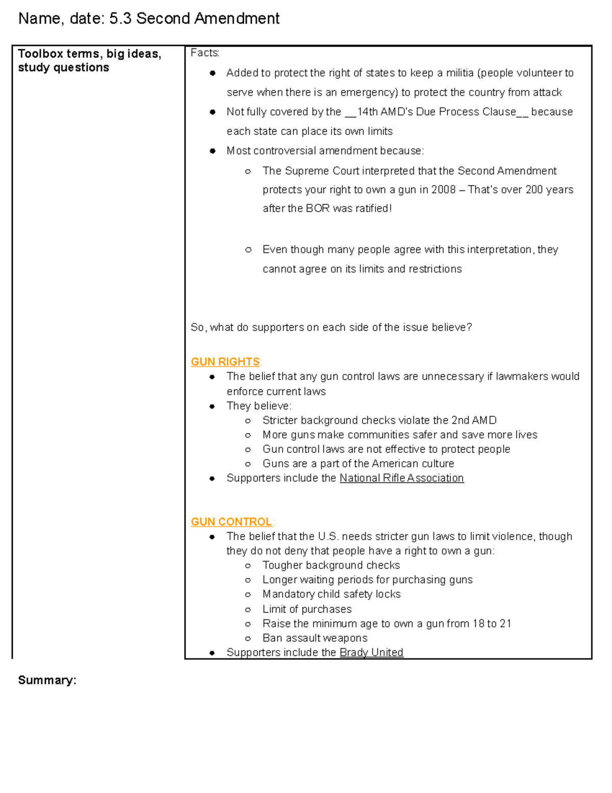 Royal - AMGT 5.3 Second Amendment Cornell Notes - Name, date: 5 Second ...