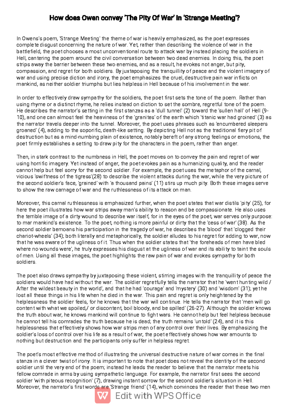 Strange meeting essay - How does Owen convey 'The Pity Of War' in ...