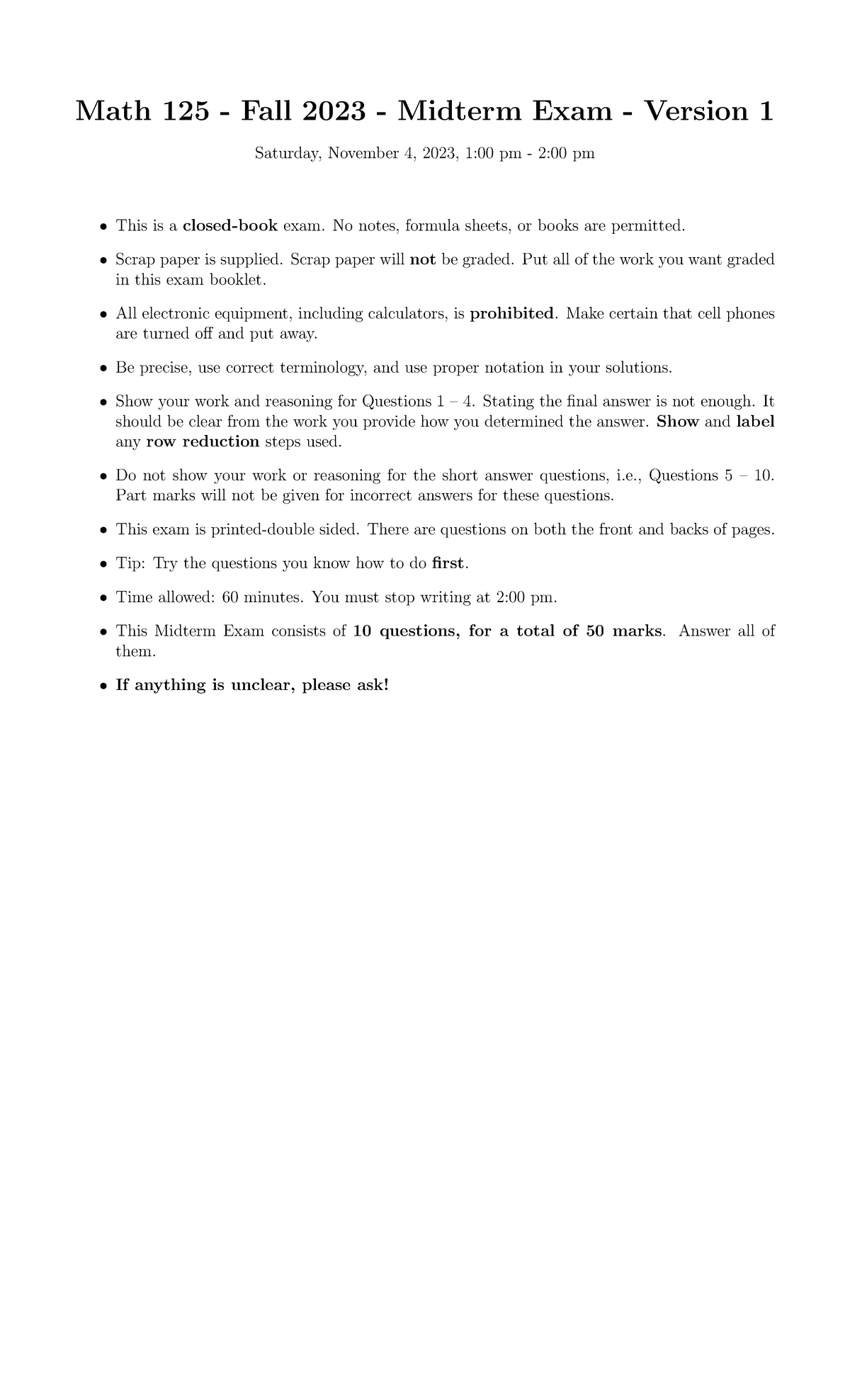 Fall 2023 MATH125 Midterm V1 Solutions - Math 125 - Fall 2023 - Midterm Exam - Version 1 ...