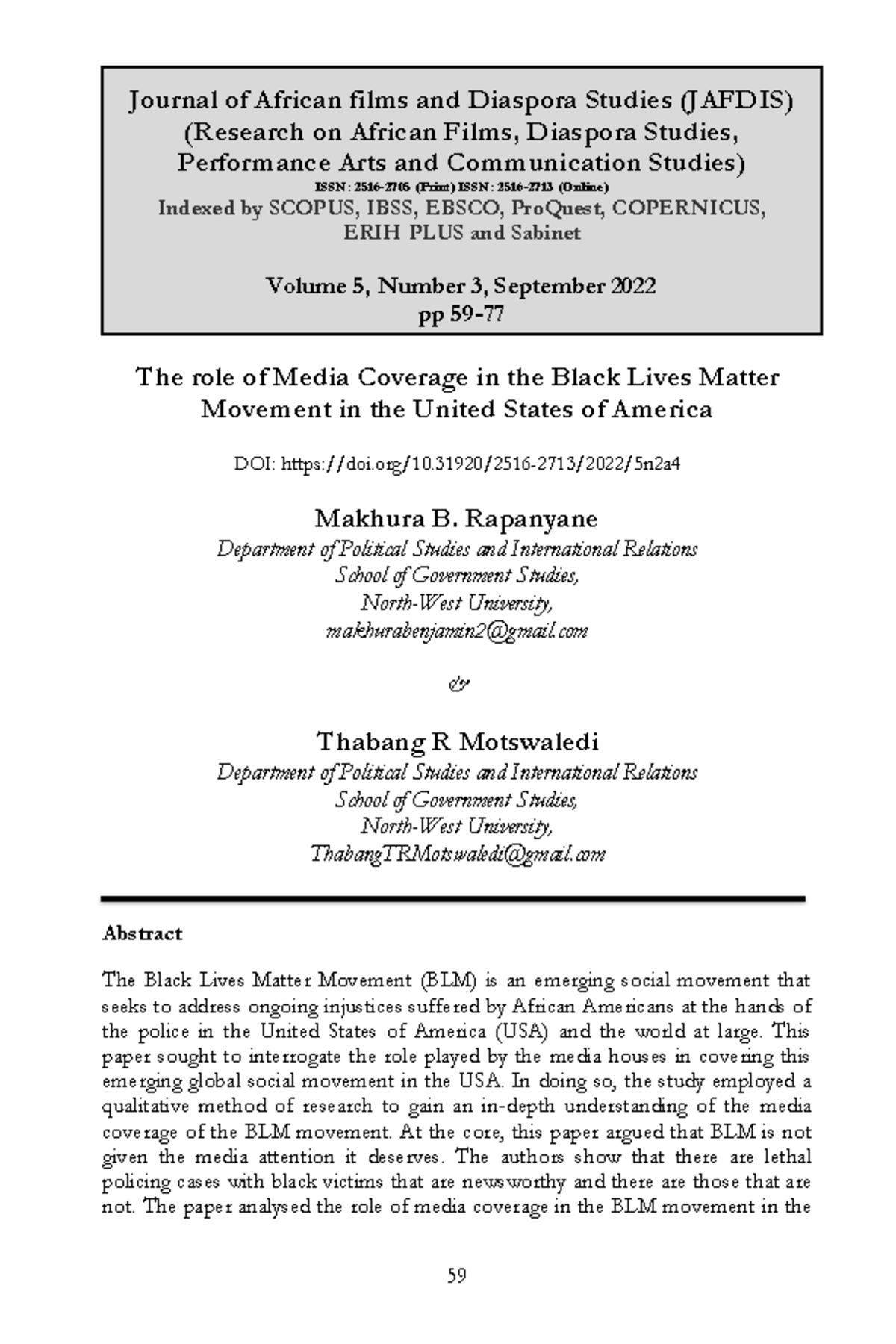 Rapanyane motswaledi 2022 the role of media coverage in the black lives ...