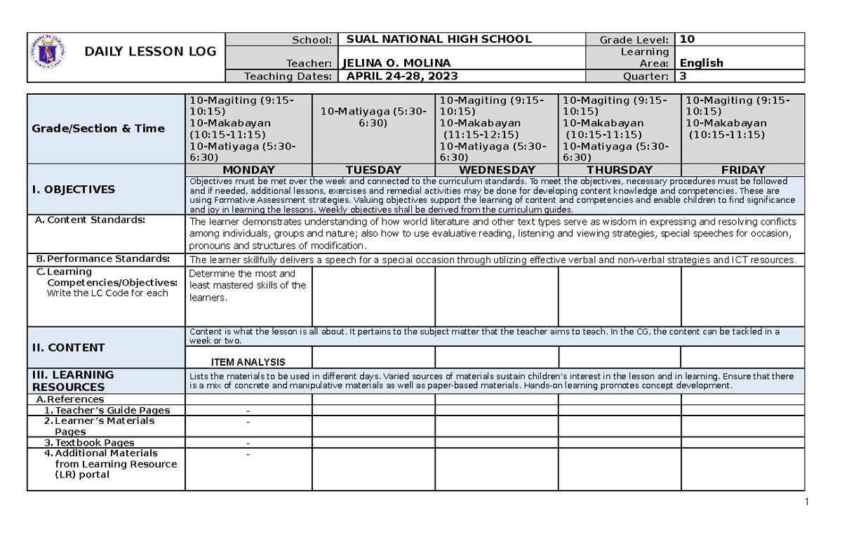 DLL Grade 10 April 24-28 - DAILY LESSON LOG School: SUAL NATIONAL HIGH ...
