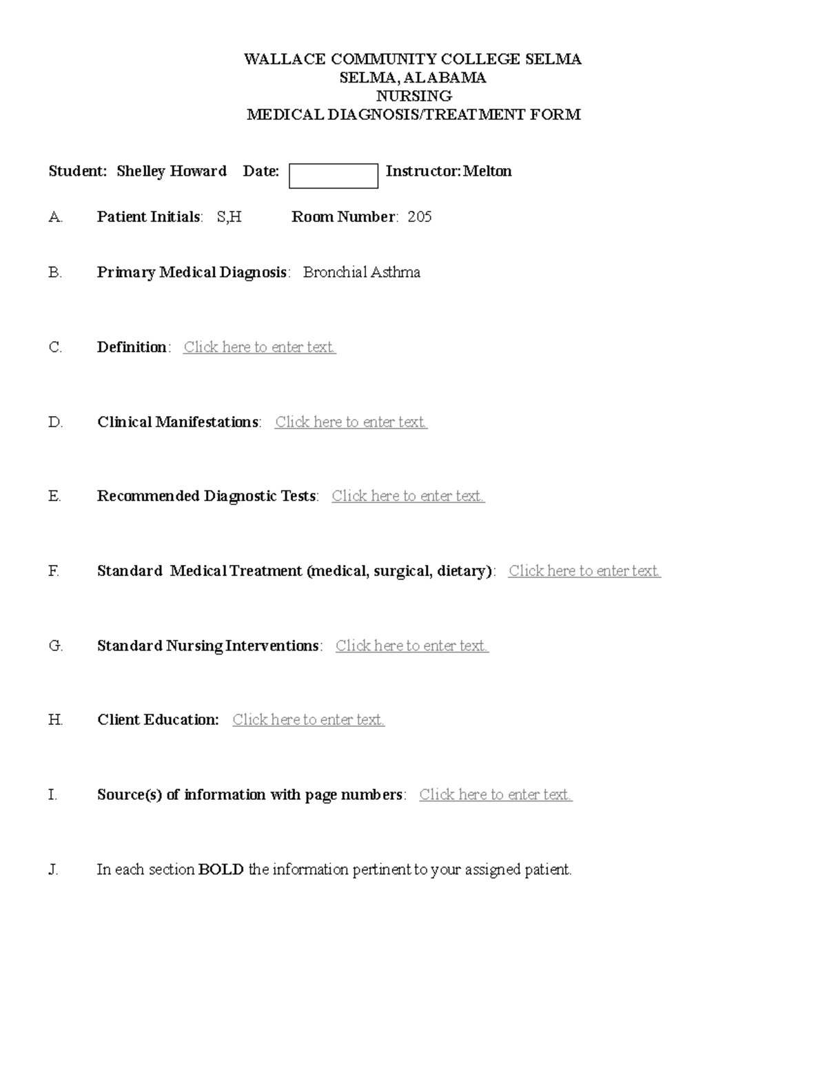 Medical Diagnosis Treatment Form - WALLACE COMMUNITY COLLEGE SELMA ...