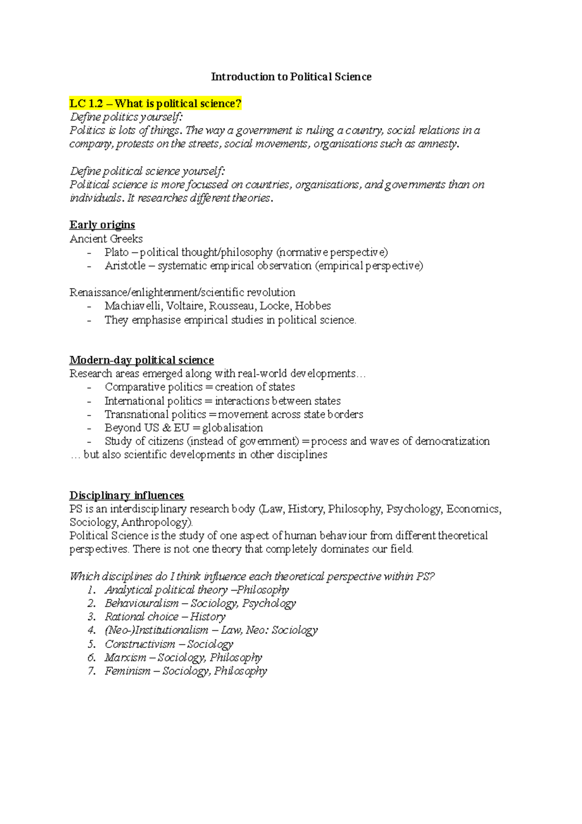 Introduction to Political Science lectures notes - Introduction to ...