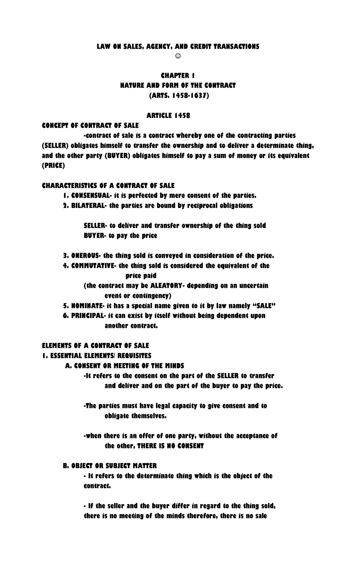 LAW ON Sales - LAW ON SALES, AGENCY, AND CREDIT TRANSACTIONS ☺ CHAPTER ...