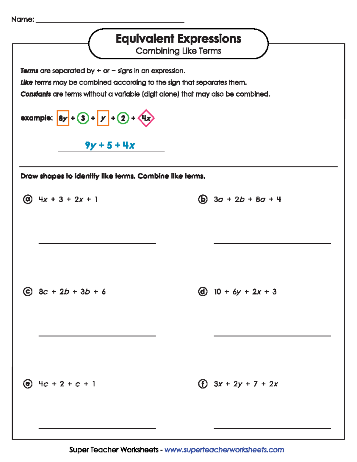 Algebra Revision - Equivalent expressions combining like terms - Name ...