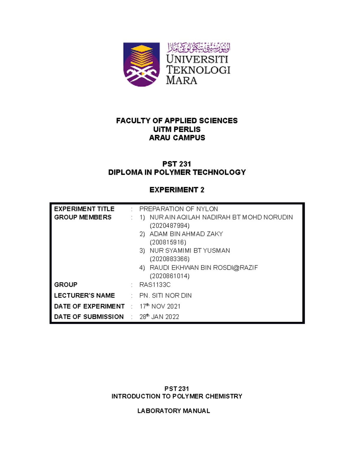 Experiment 2 PST 231 Preparation OF Nylon - FACULTY OF APPLIED SCIENCES ...