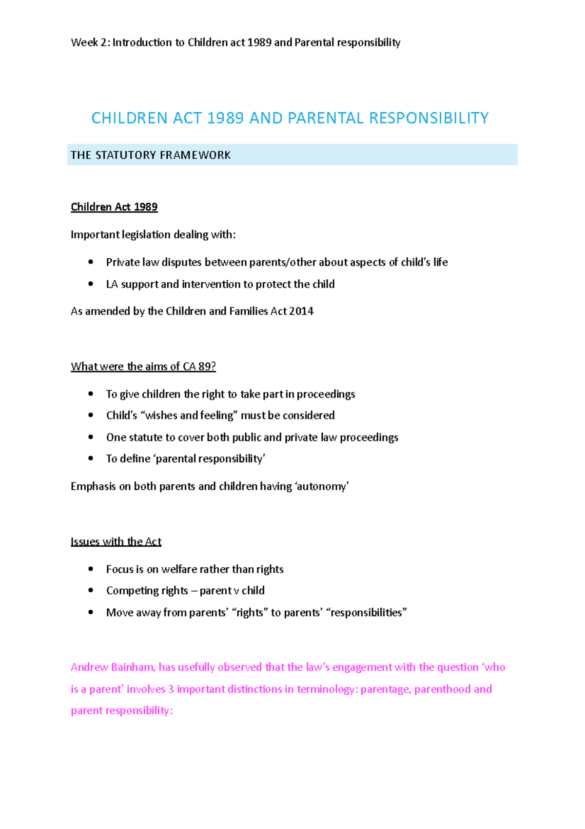 Parental responsibility lecture notes - CHILDREN ACT 1989 AND PARENTAL ...