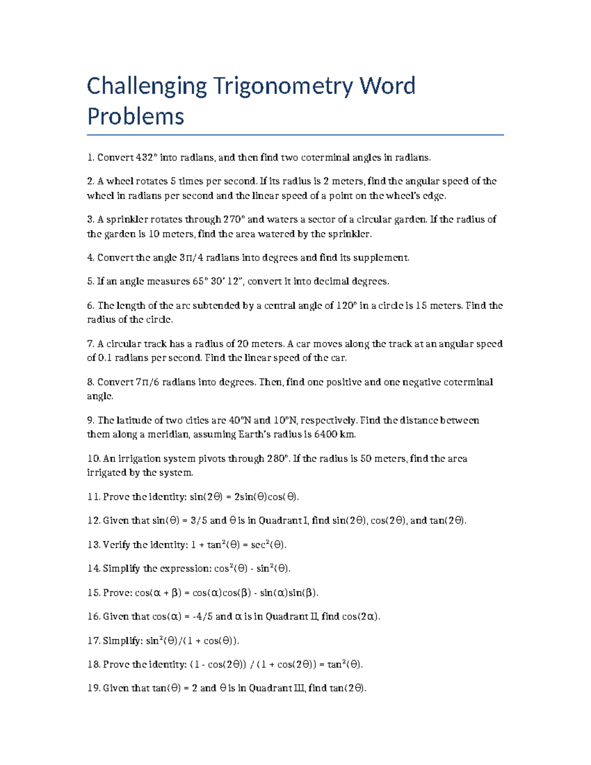 Challenging Trigonometry Problems - Challenging Trigonometry Word ...