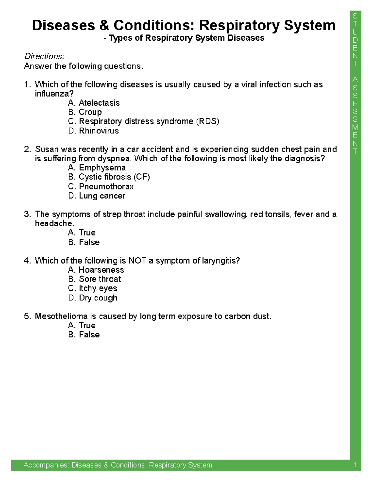 Assessment I - Types of Respiratory System Diseases - S T U D E N T A S ...