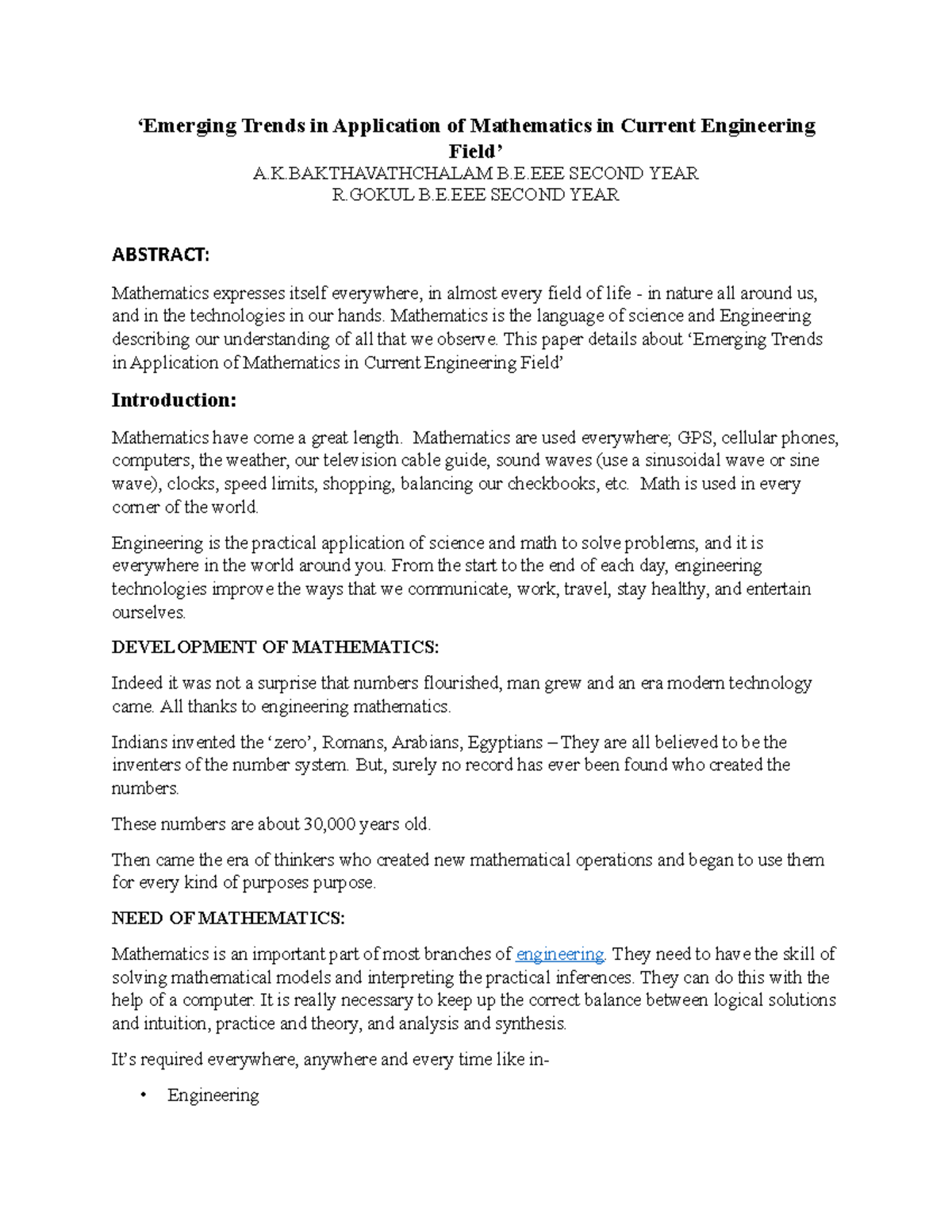 Emerging Trends in Application of Mathematics in Current Engineering ...