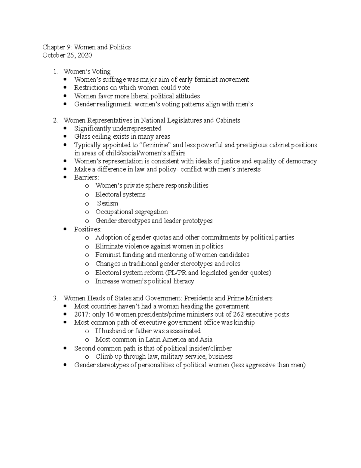 Chapter 9 Notes - Chapter 9: Women and Politics October 25, 2020 Women ...