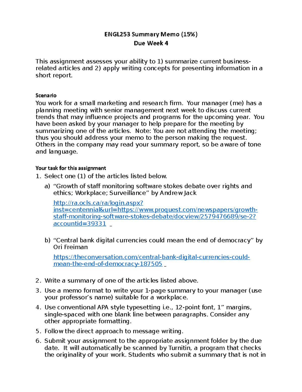 22F 253 Writing 1 - English assignment - ENGL253 Summary Memo (15%) Due ...