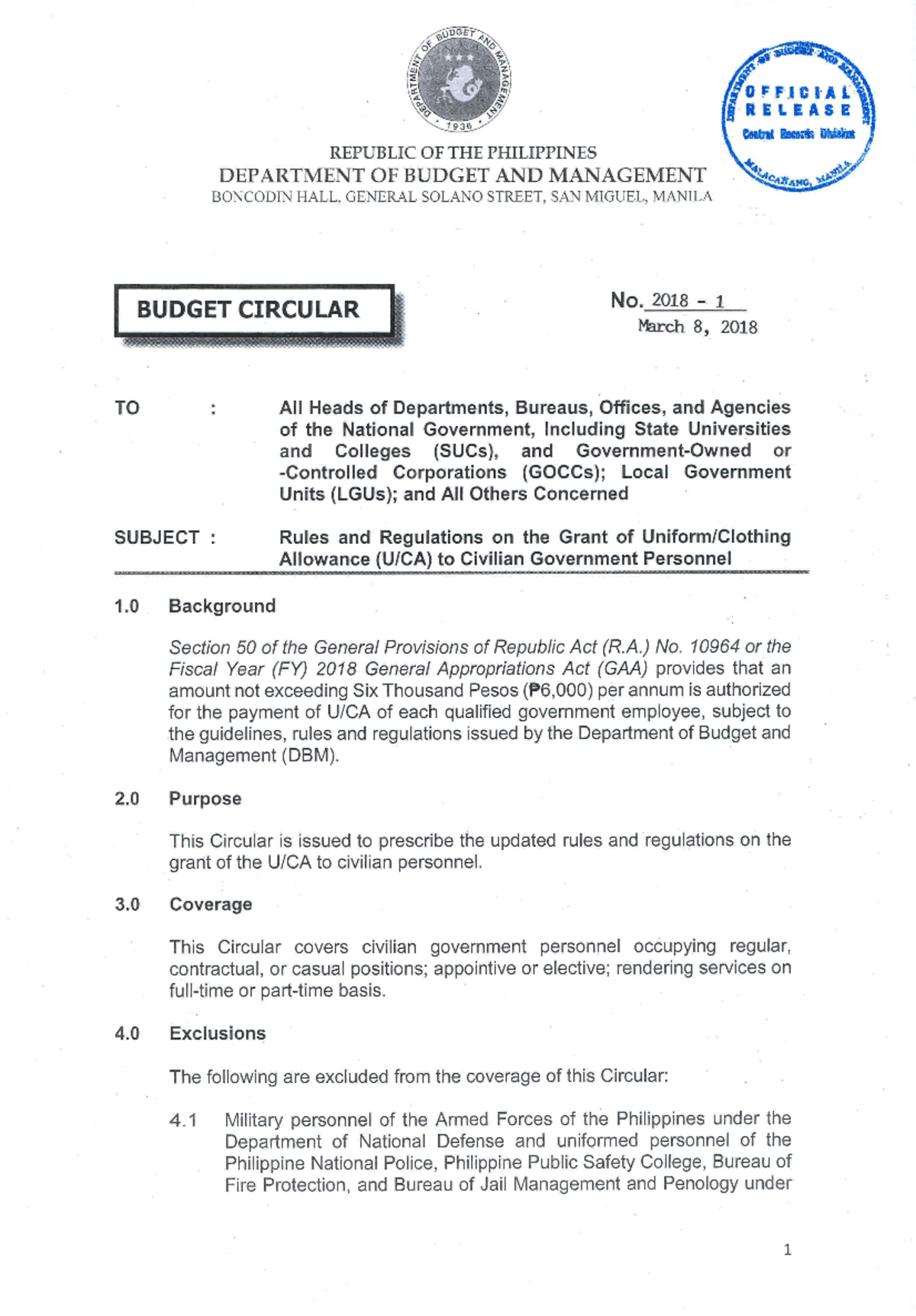 Budget Circular NO 2018 1 - 1 0 F CIA L I RELEASE Cut* Mats Naos tot ...