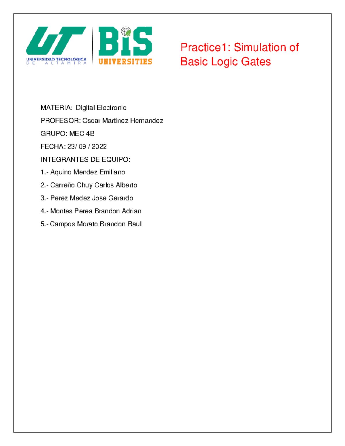 Practice 1 Simulation of Basic Logic Gates - Practice1: Simulation of ...