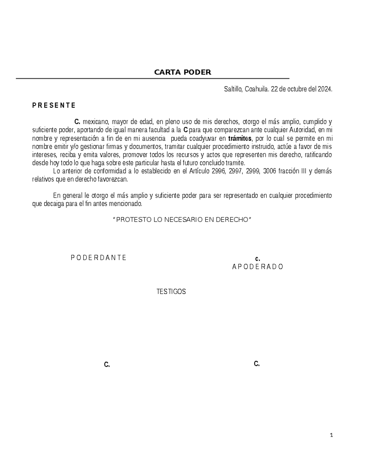 Carta Poder Faltan Nombres De Testigos Carta Poder Saltillo
