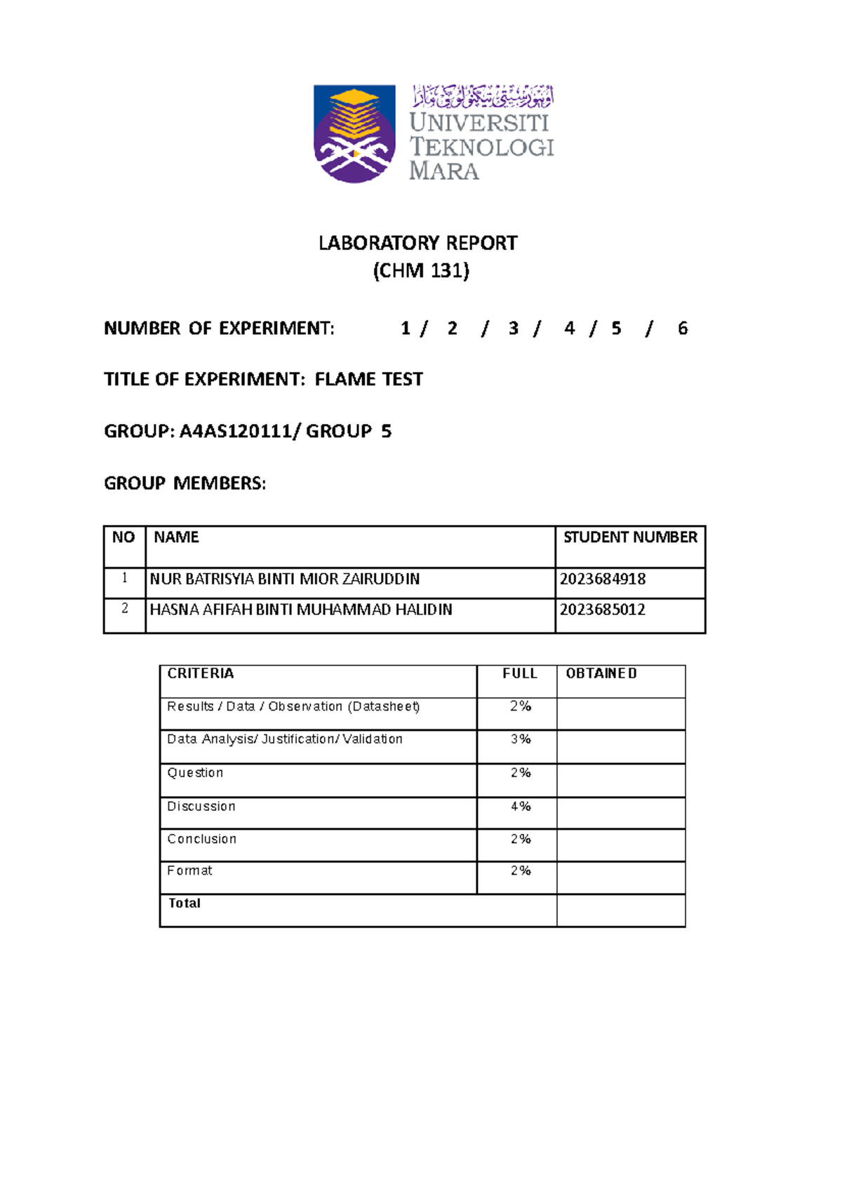CHM131 EXP 1 LAB Report - LABORATORY REPORT (CHM 131) NUMBER OF EXPERIMENT: 1 / 2 / 3 / 4 / 5 ...