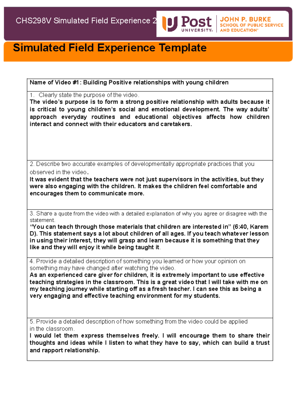 CHS298V Simulated Field Experience Template (3) - Name of Video #1: Building Positive ...