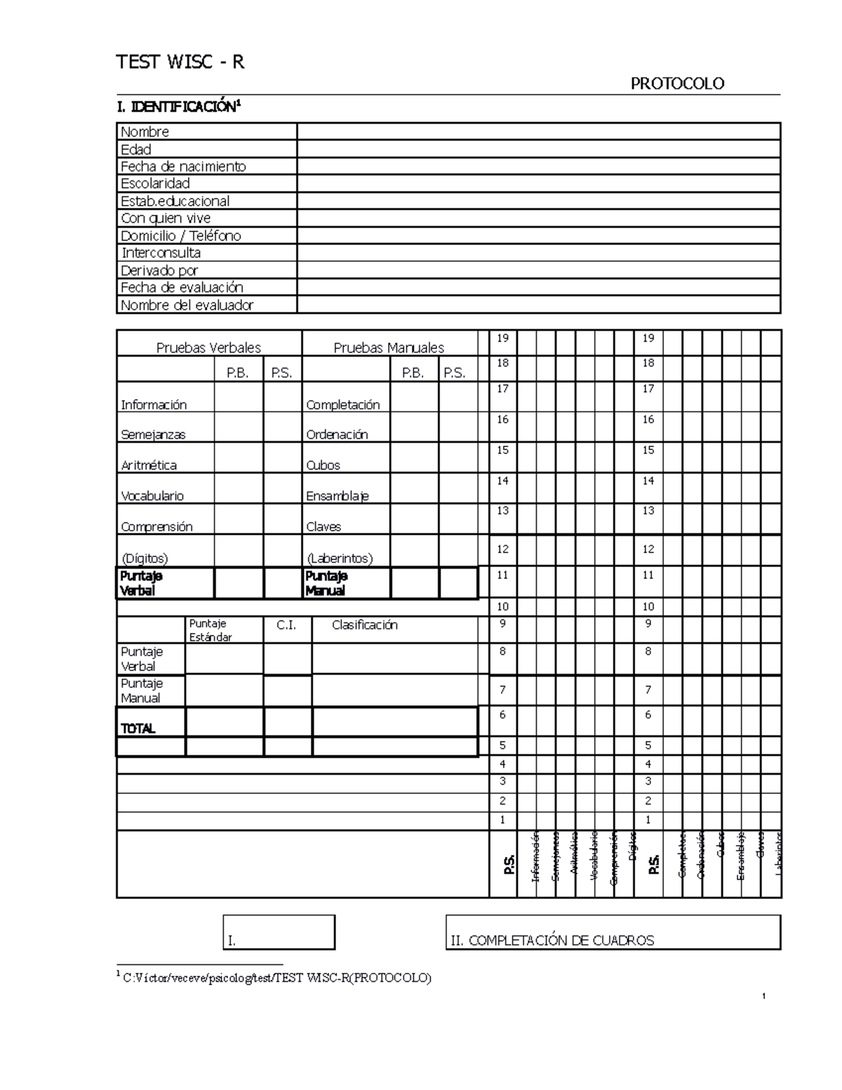 Test wisc r protocolo - pruebas psicologicas - PROTOCOLO I ...
