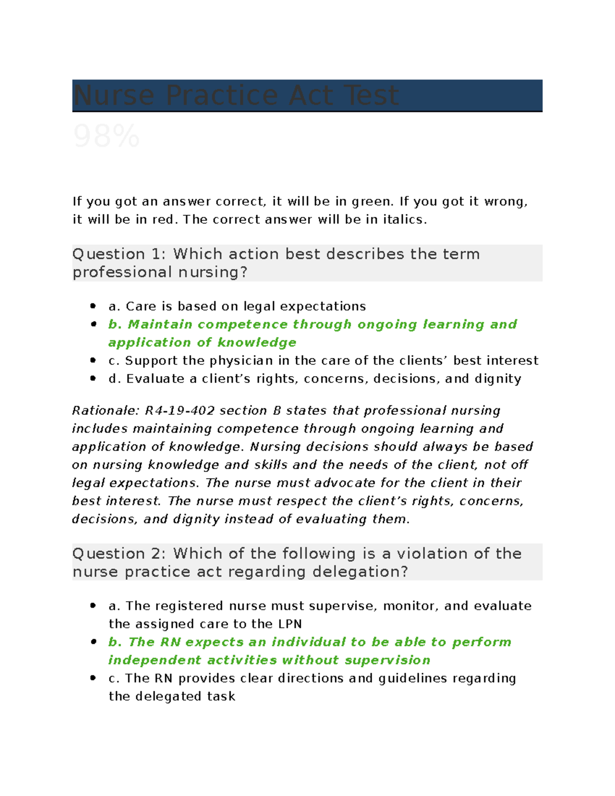 NSG 310 Nurse Practice Act Test - Nurse Practice Act Test 98% If you ...