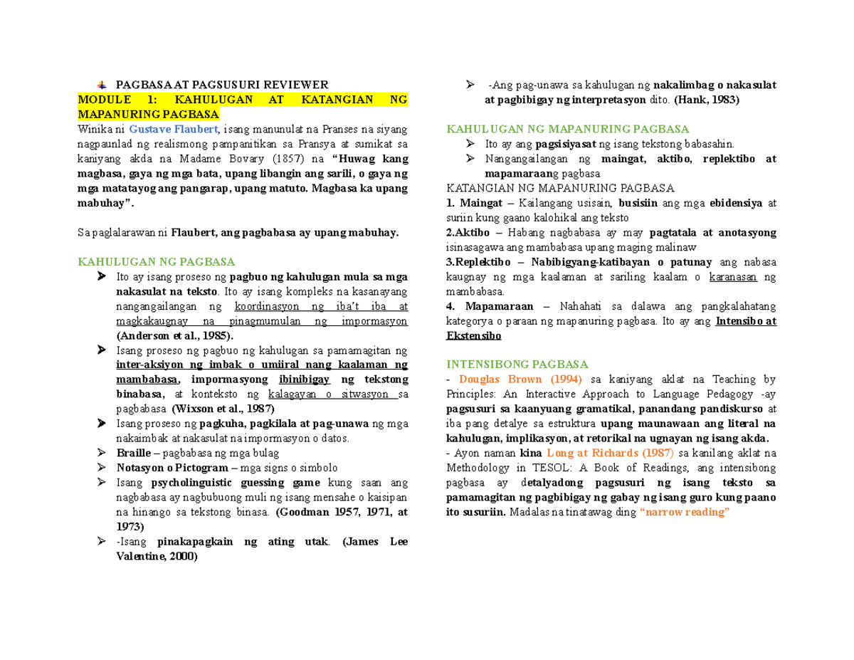 Pagbasa AT Pagsusuri Reviewer, Q3 JESS ANCH - PAGBASA AT PAGSUSURI ...
