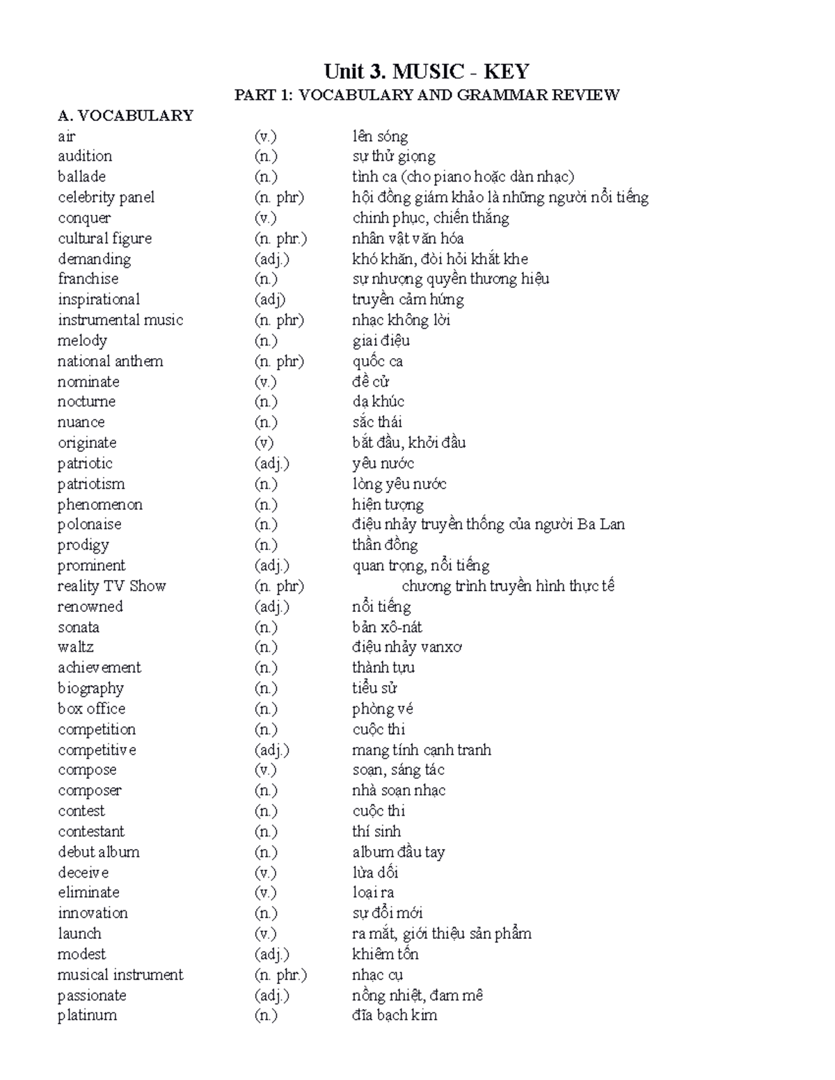 Unit 3 - KEY - Exercises - Unit 3. MUSIC - KEY PART 1: VOCABULARY AND ...