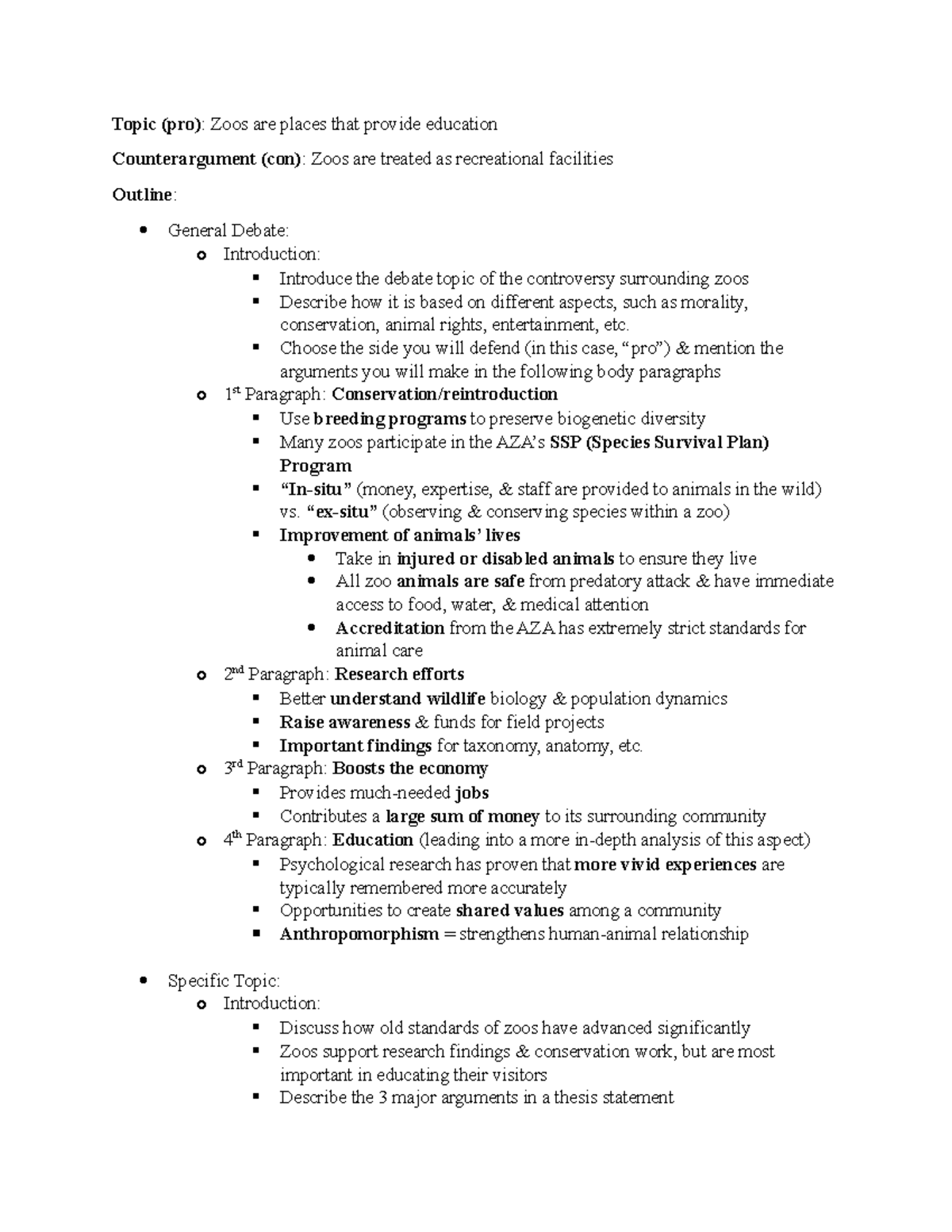 Zoo Debate Paper Outline - Topic (pro) : Zoos are places that provide ...