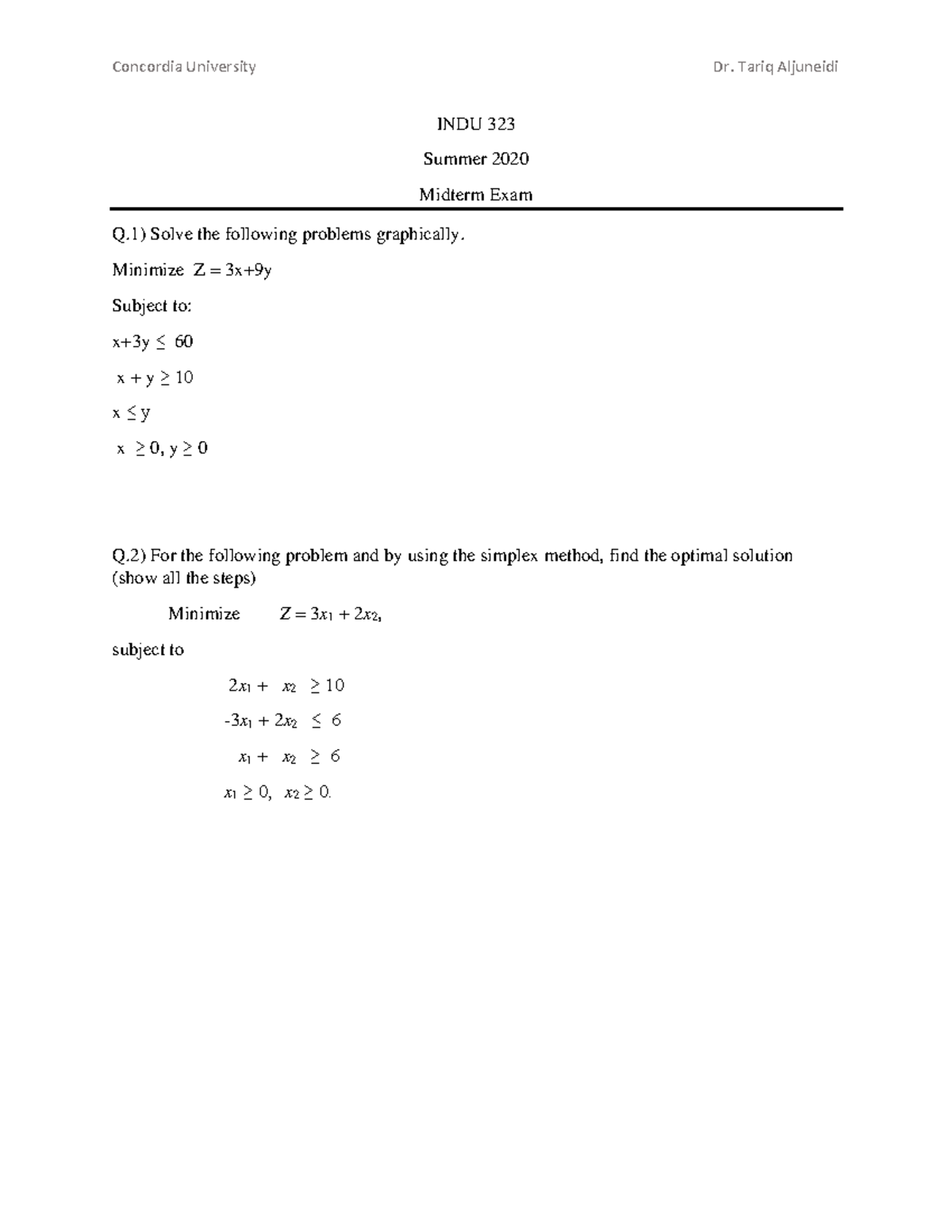 Midterm Exam - Warning: TT: undefined function: 32 Concordia University Dr. Tariq Aljuneidi INDU ...