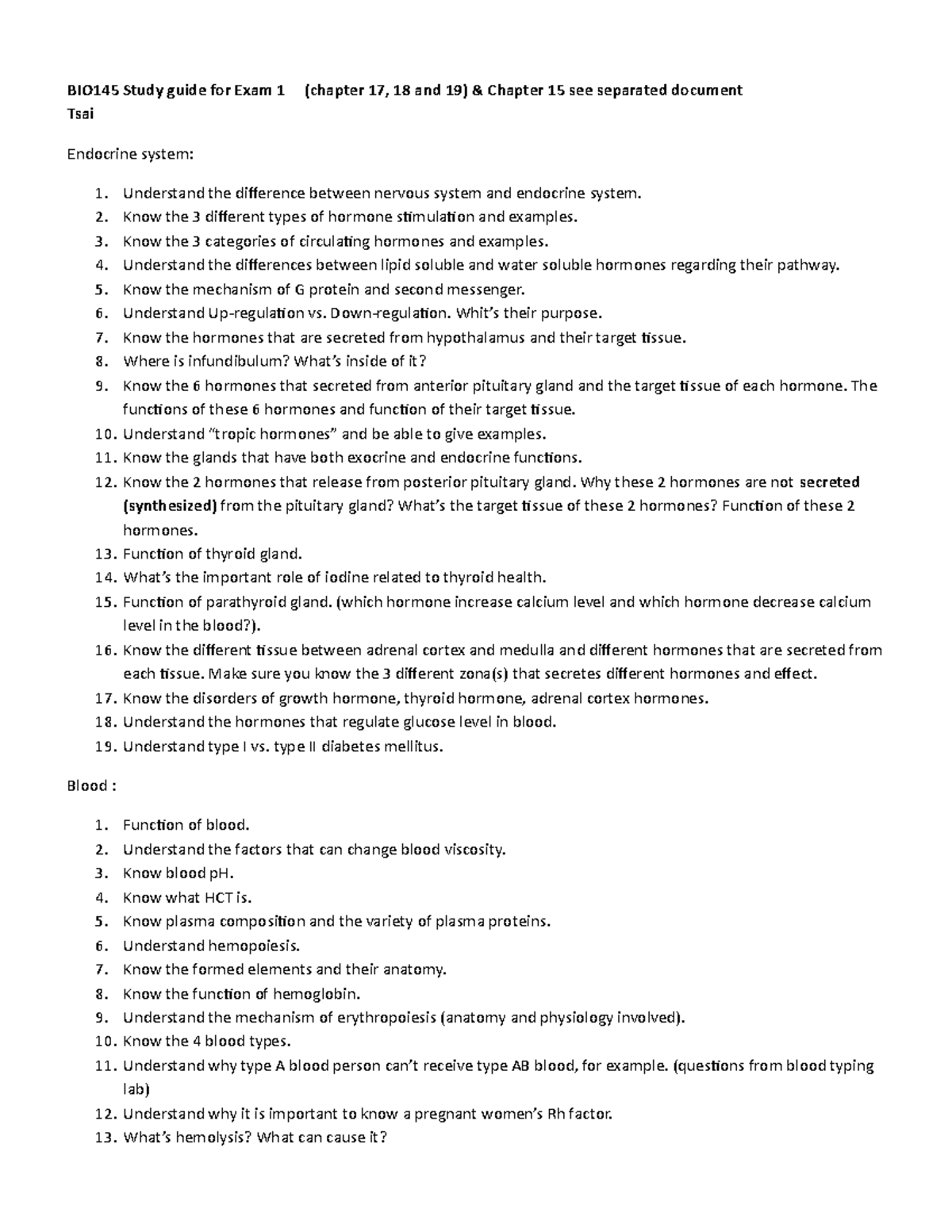 BIO145 Study guide for Exam 1(1) - BIO 145 - MCC - Studocu