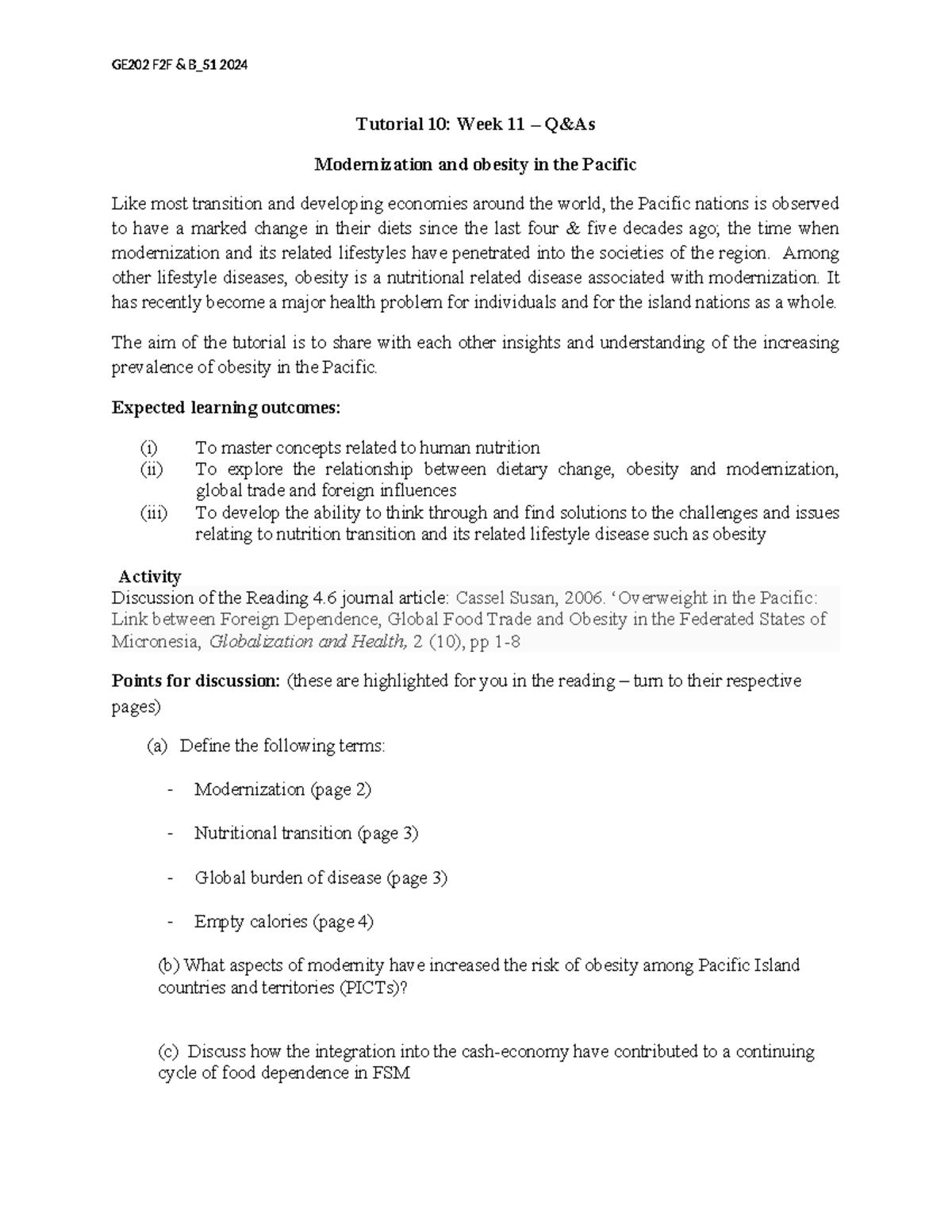 GE202 Tutorial 10 - GE202 F2F & B_S1 2024 Tutorial 10: Week 11 – Q&As ...