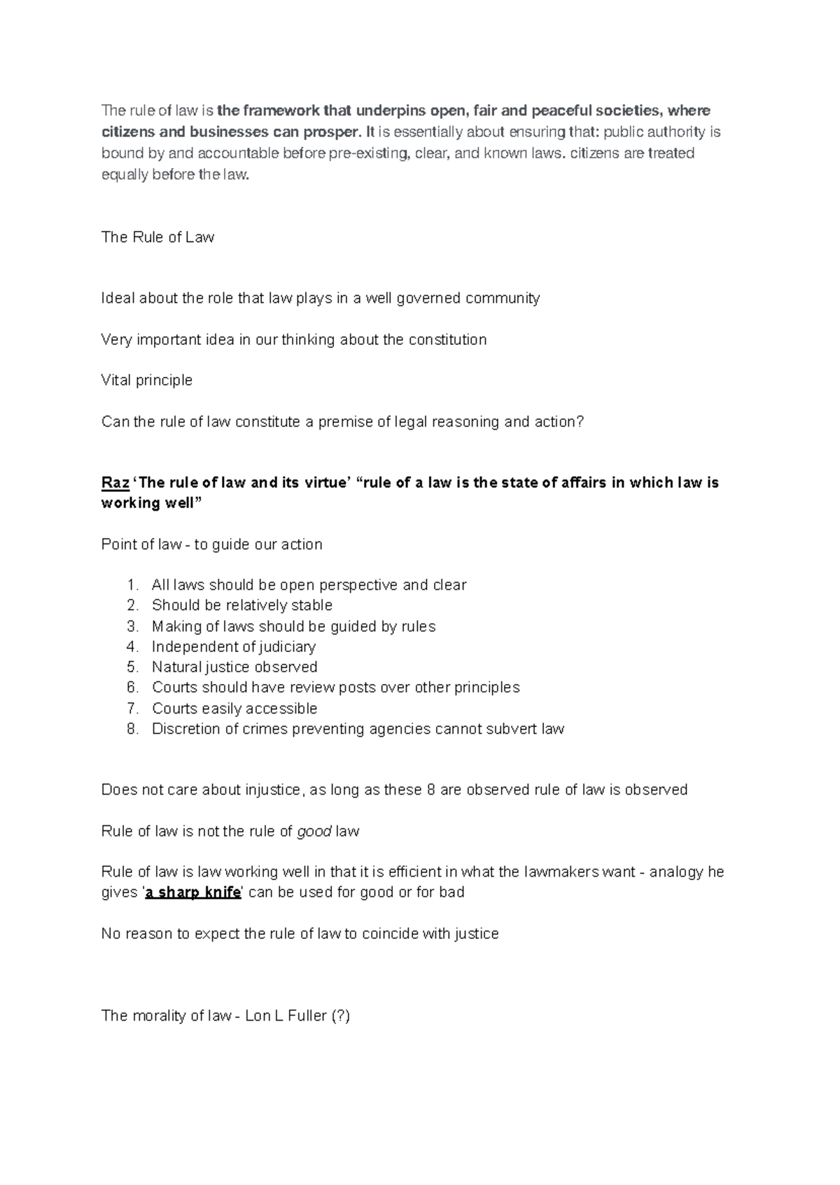 Rule of law lecture - rol notes - The rule of law is the framework that ...