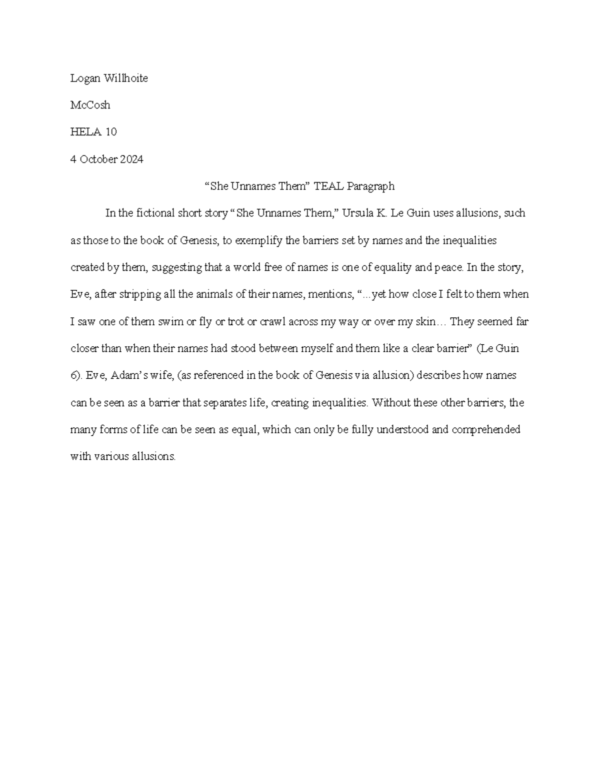 “She Unnames Them” TEAL Paragraph - Le Guin uses allusions, such as ...