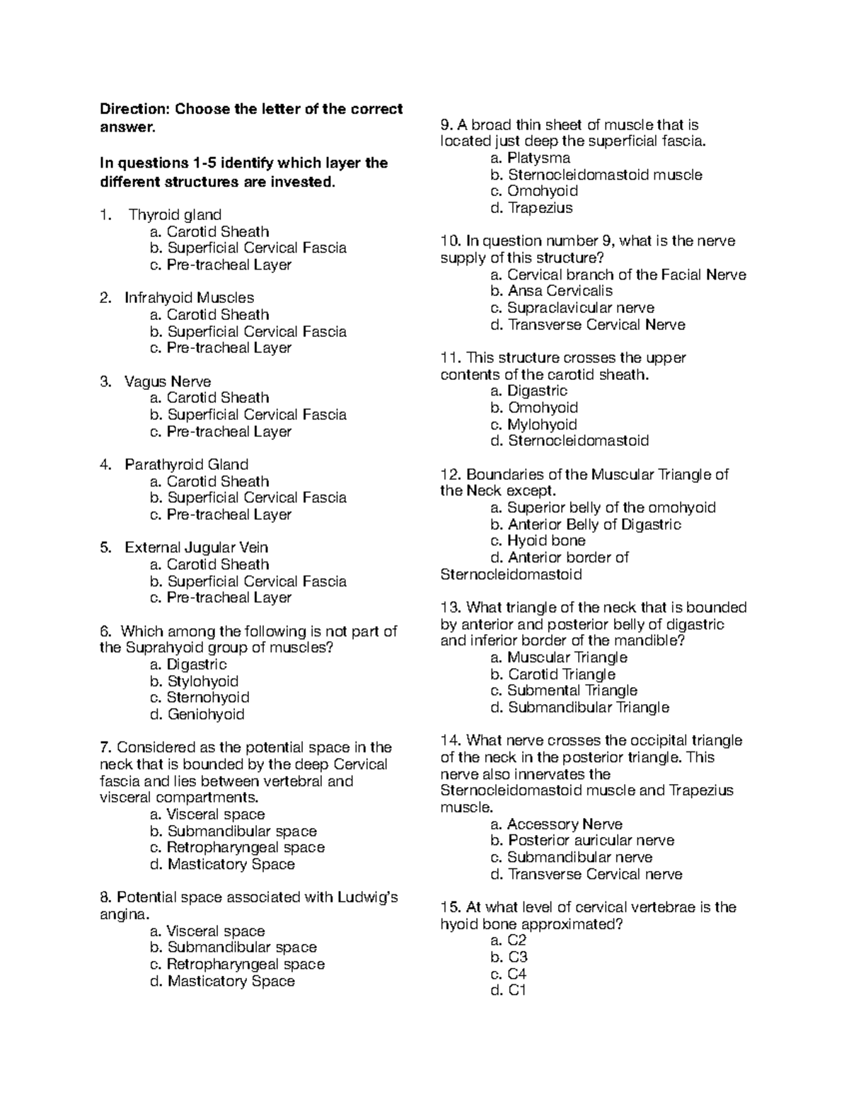 Anatomy Practice Quiz on The Neck - Direction: Choose the letter of the ...