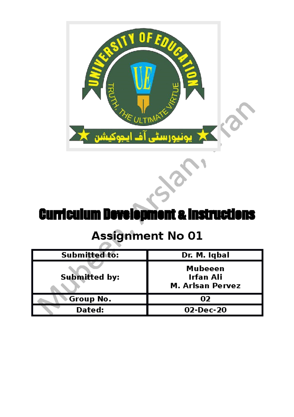 Assignment No 1 CD&I - Curriculum Development & Instructions Assignment ...