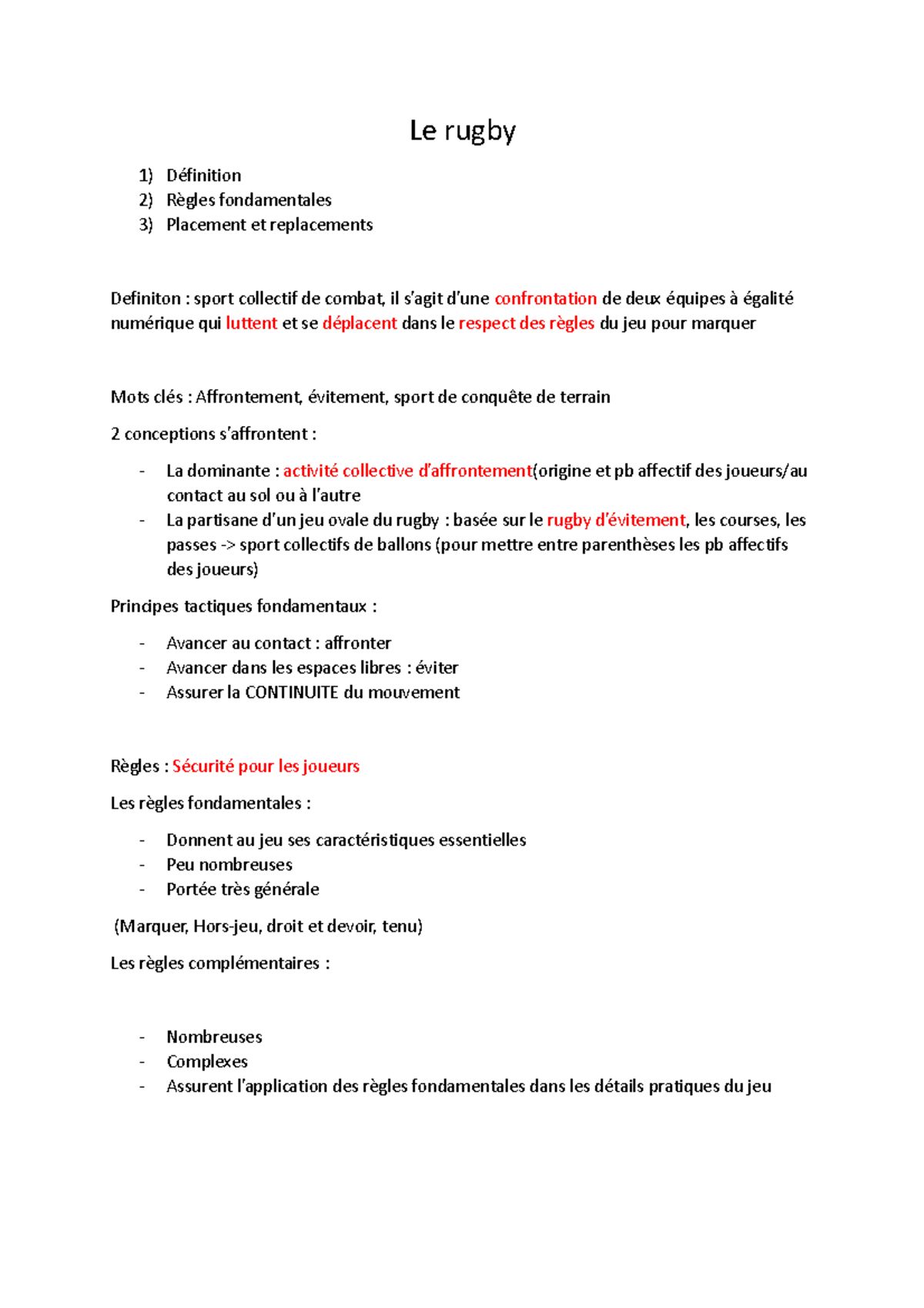 Le rugby - Le rugby Définition Règles fondamentales Placement et ...