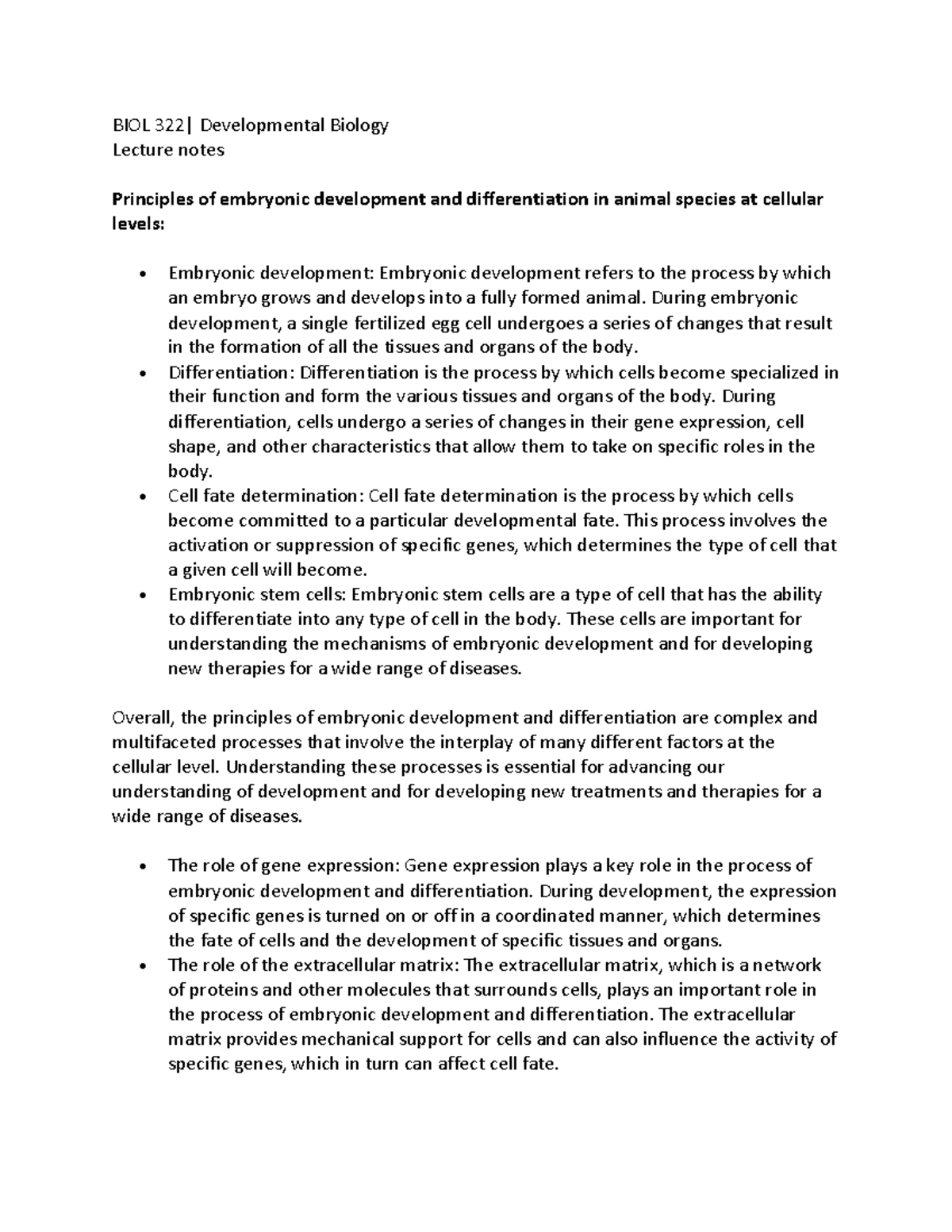 BIOL 322 Principles of embryonic development and differentiation - BIOL 322| Developmental ...