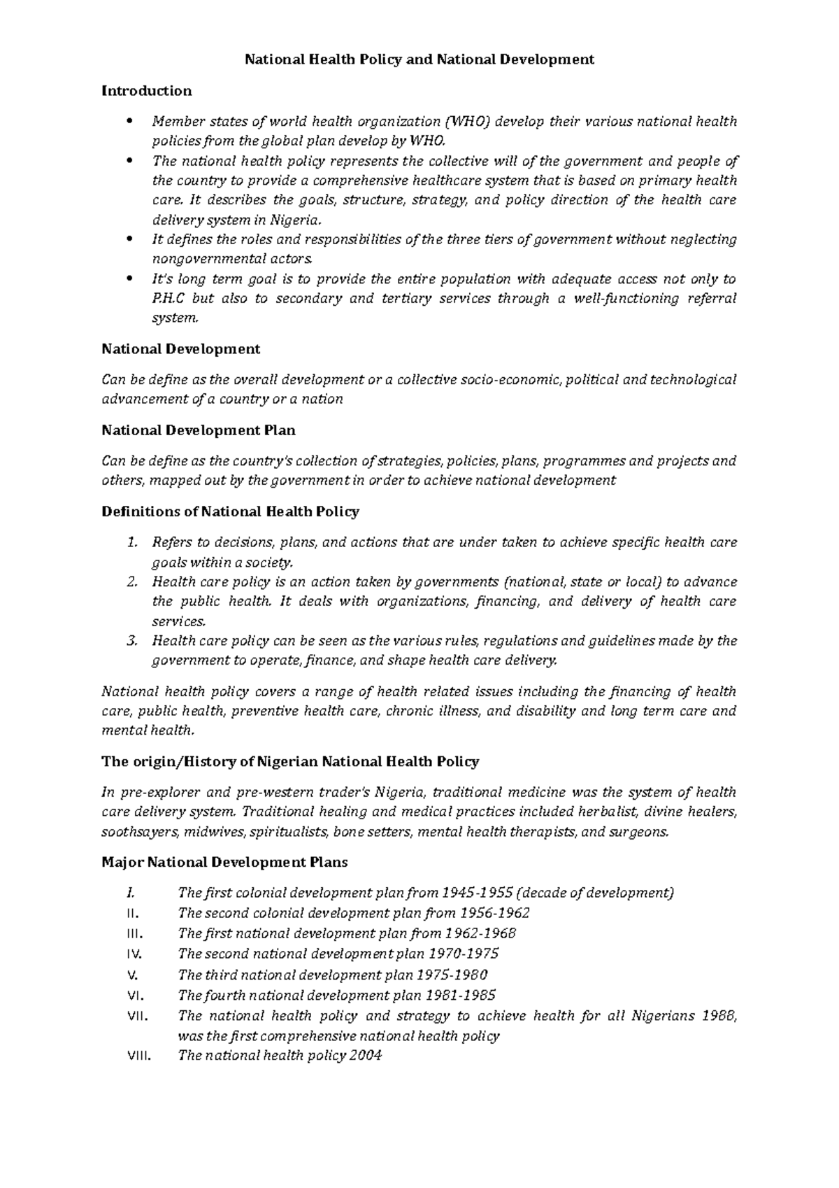 National Health Policy and National Development - National Health ...