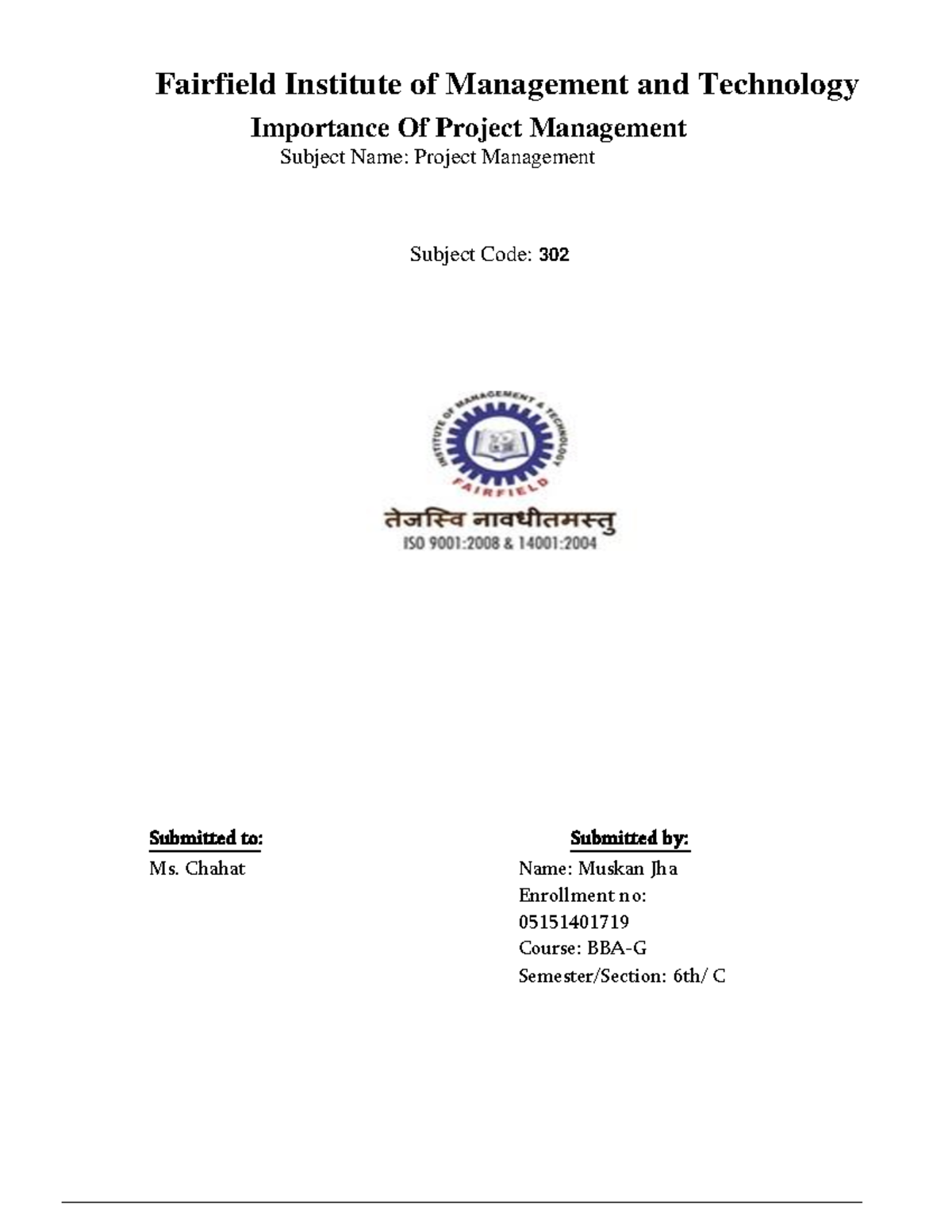 Project management 6th sem^ - Fairfield Institute of Management and ...