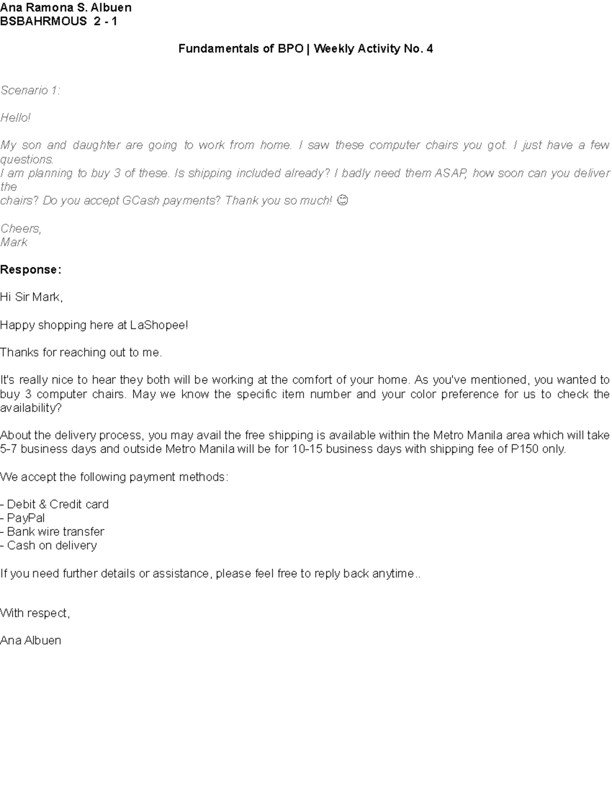 BPO Activity 4 assignment - Ana Ramona S. Albuen BSBAHRMOUS 2 - 1 ...