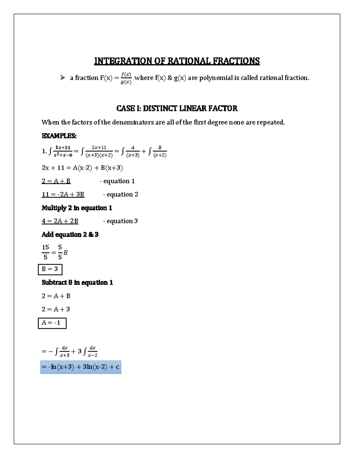 Integration OF Rational Fraction - INTEGRATION OF RATIONAL FRACTIONS a ...