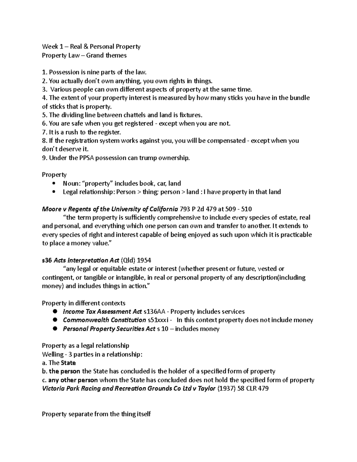 Property law notes - Week 1 Real Personal Property Property Law Grand ...