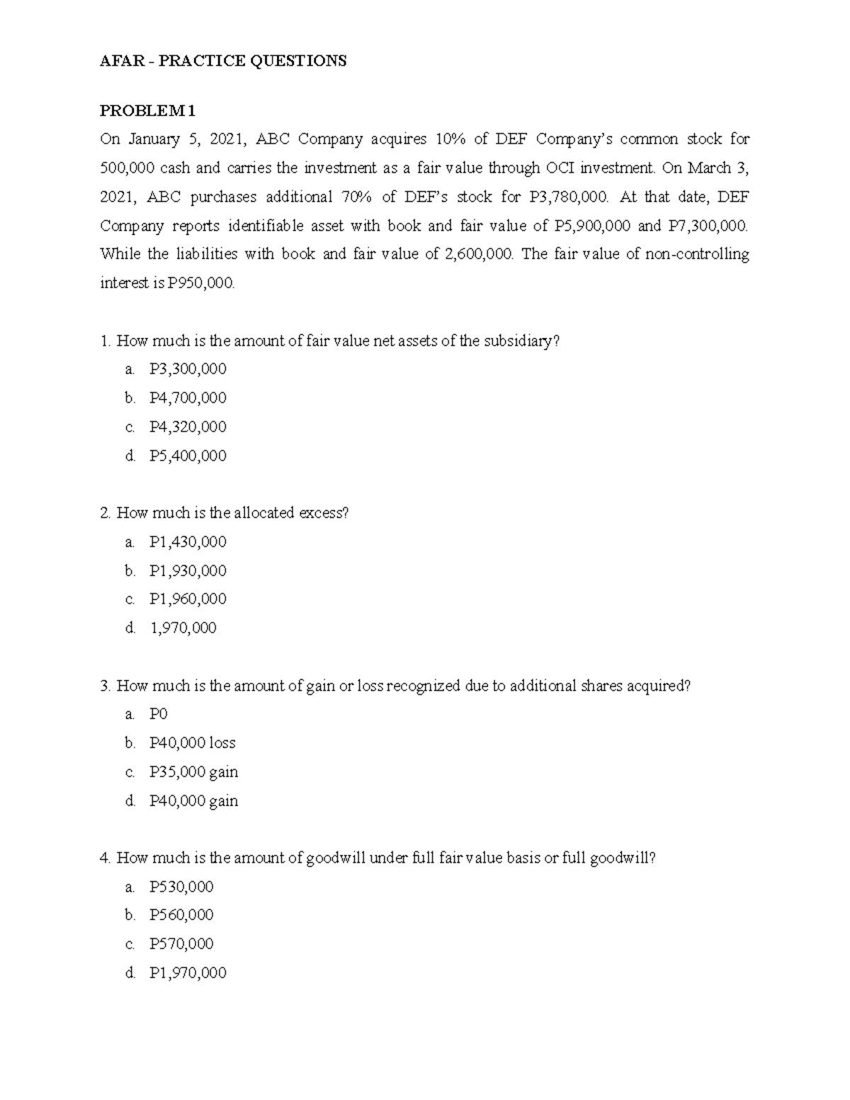 AFAR - Practice Questions - PROBLEM 1 On January 5, 2021, ABC Company acquires 10% of DEF ...