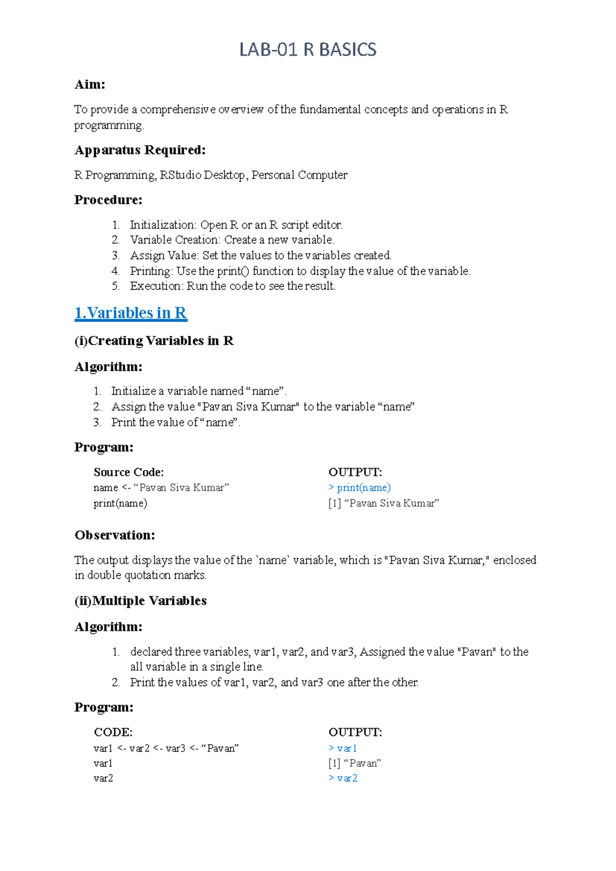 Lab 1 - R programming lab exercise - Aim: To provide a comprehensive overview of the fundamental ...