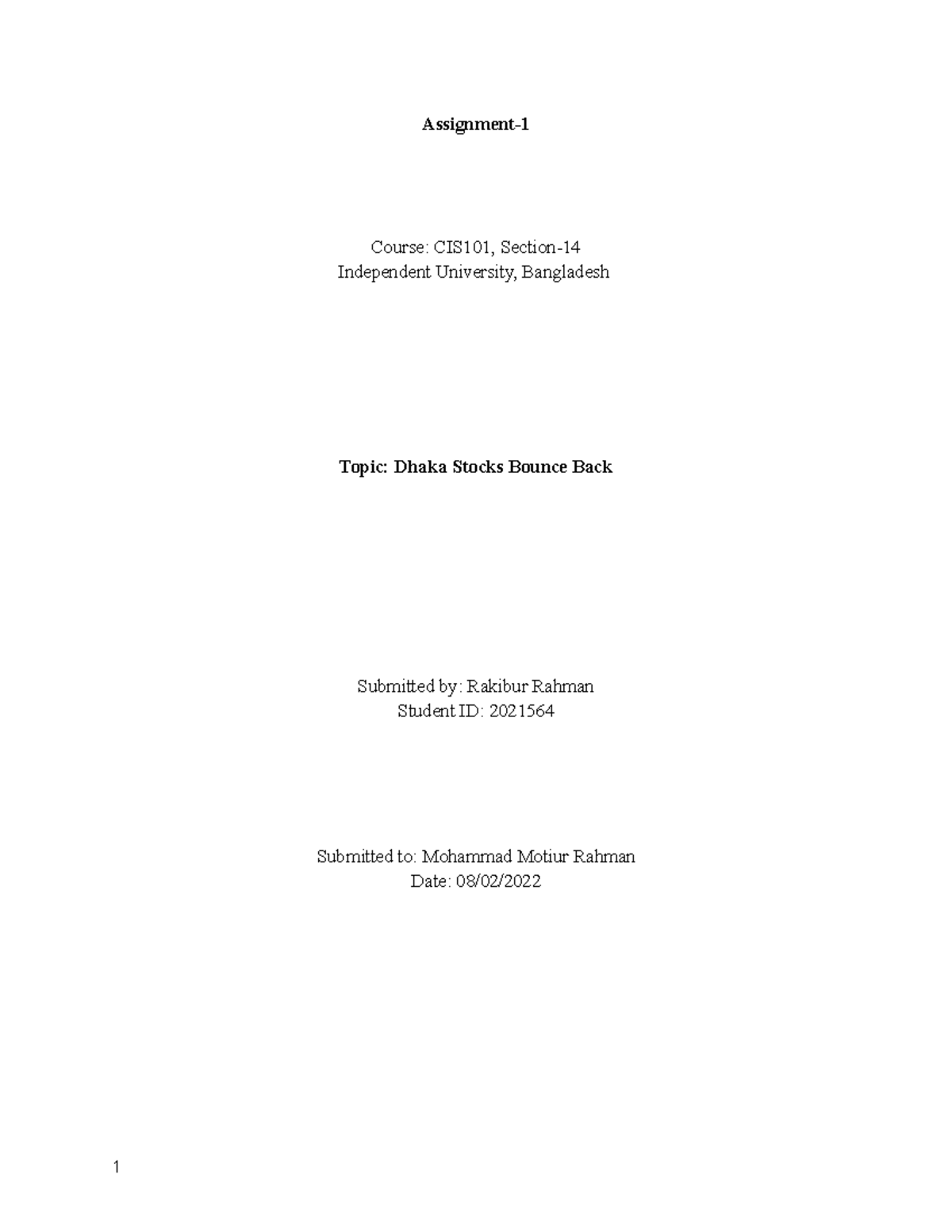 2021564 Assignment-1 Rakib Rahman - Assignment- Course: CIS101, Section- Independent University ...