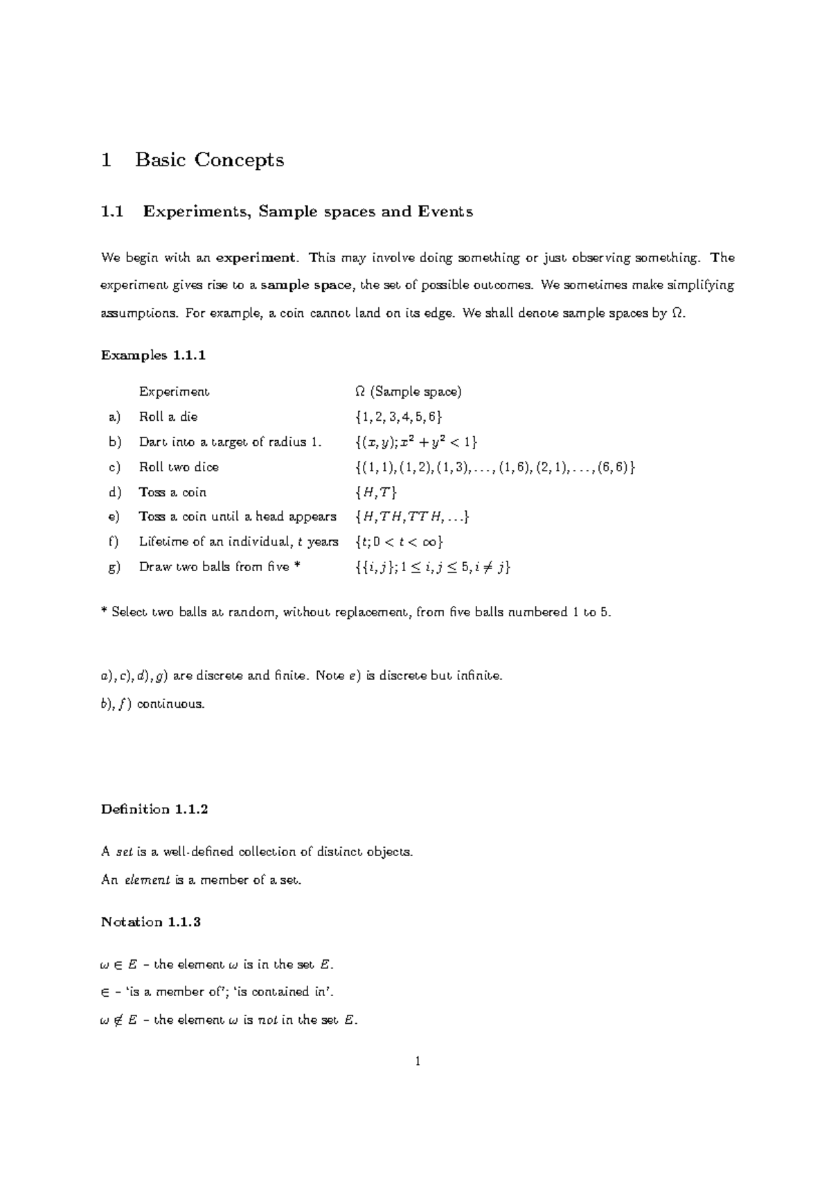 Probability notes - 1 Basic Concepts 1 Experiments, Sample spaces and ...