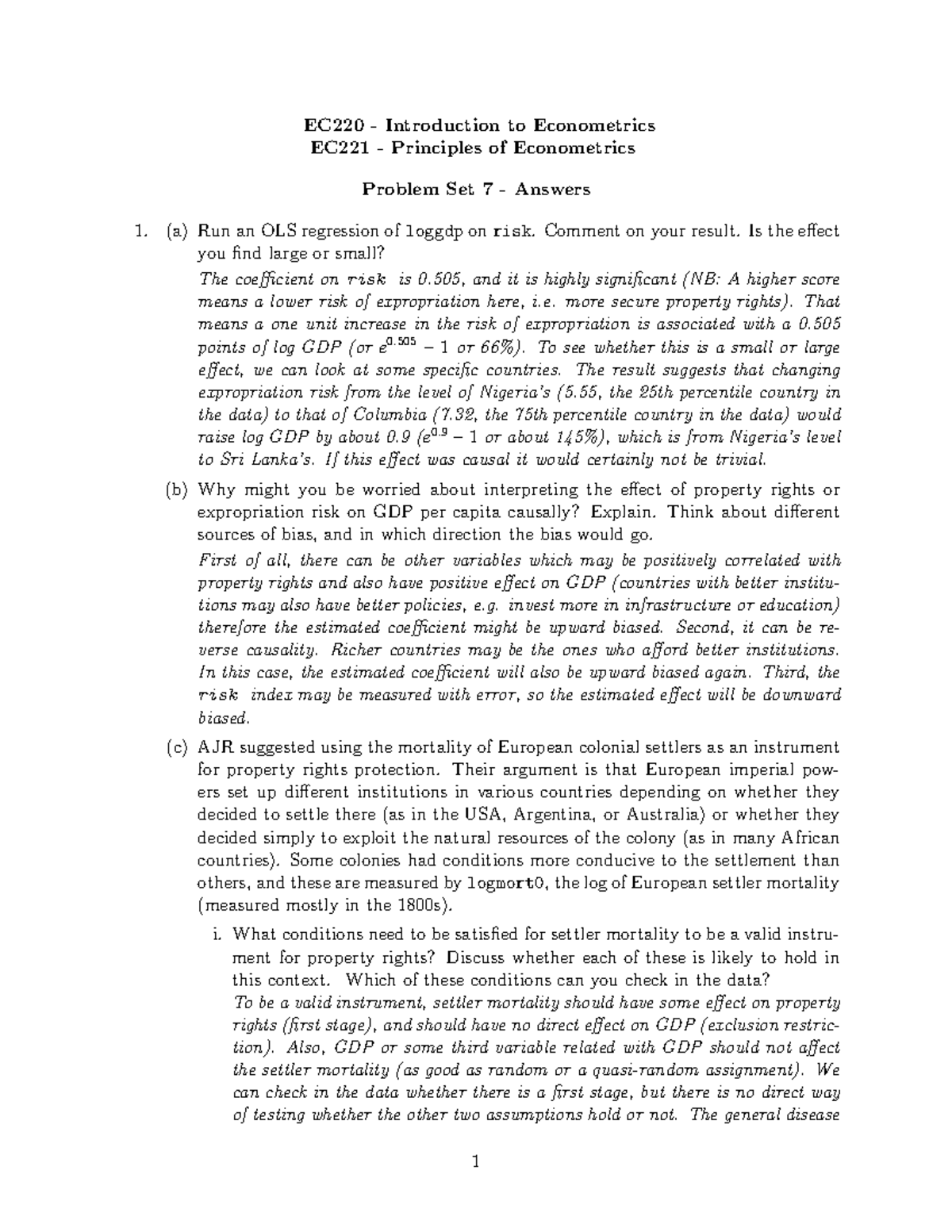 EC220 ps7 answer - Problem set sol - EC220 - Introduction to Econometrics EC221 - Principles of ...