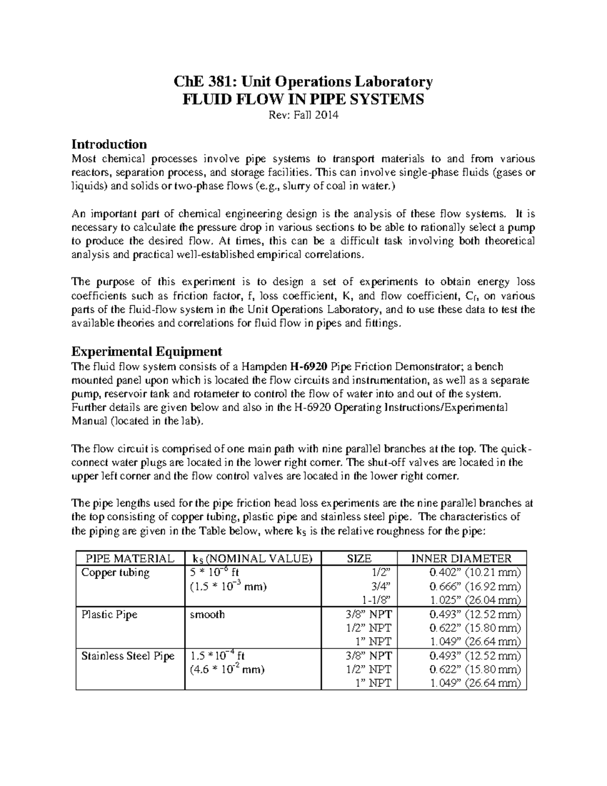 Fluid Flow Lab Handout Rev2014 - ChE 381: Unit Operations Laboratory ...